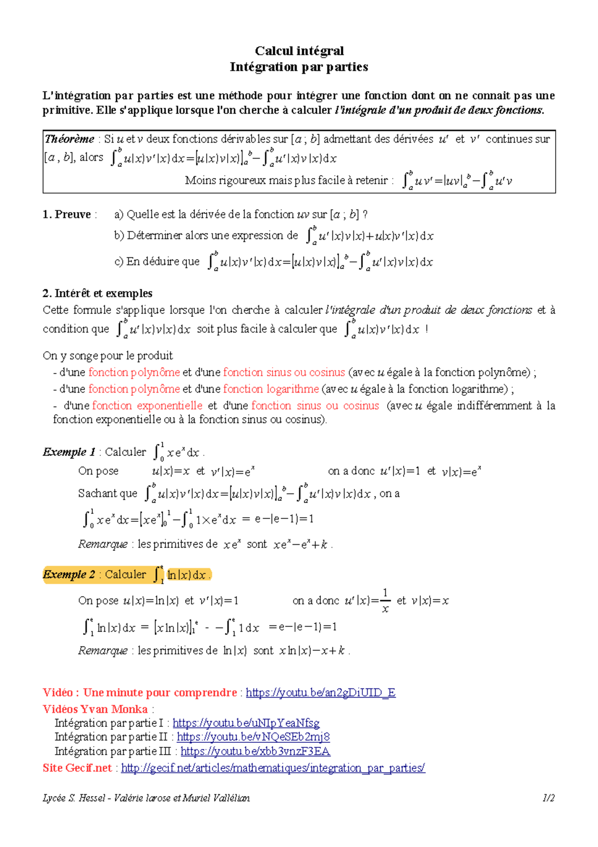 Calcul integral partie - Calcul intégral Intégration par parties L ...