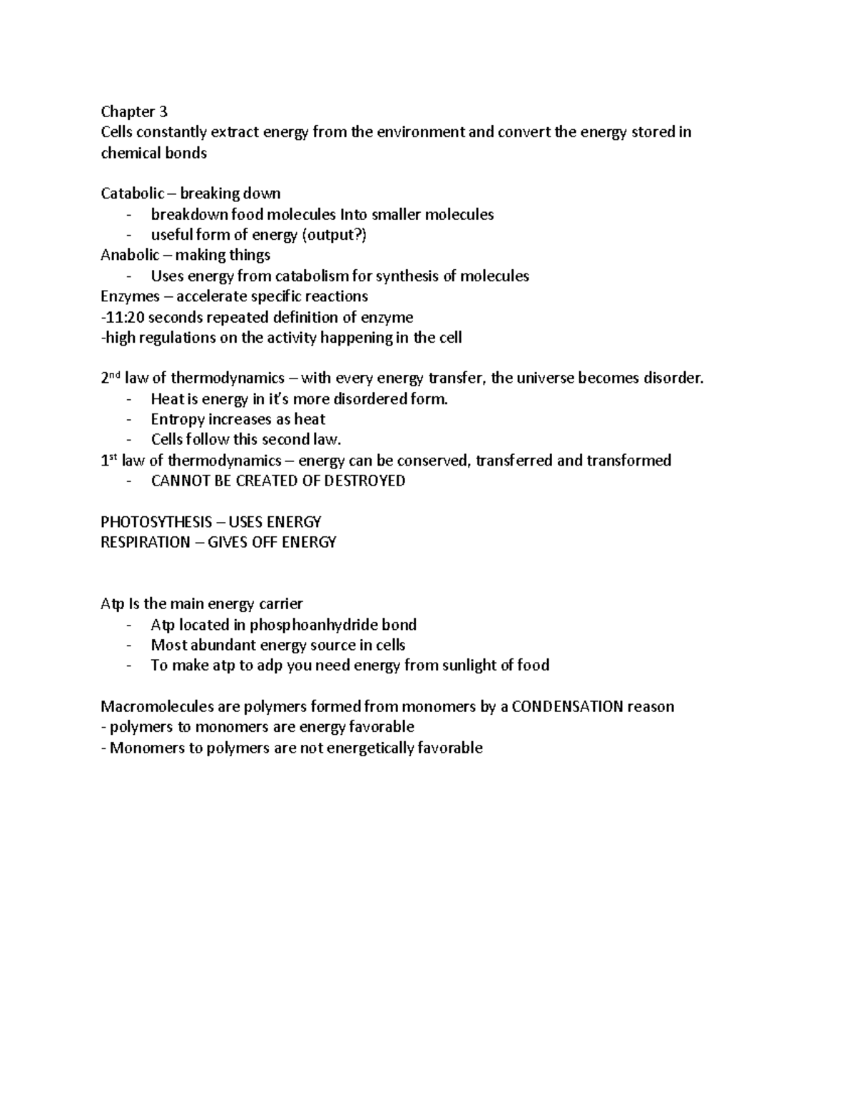 Chapter 3 cell bio - Chapter 3 Cells constantly extract energy from the ...