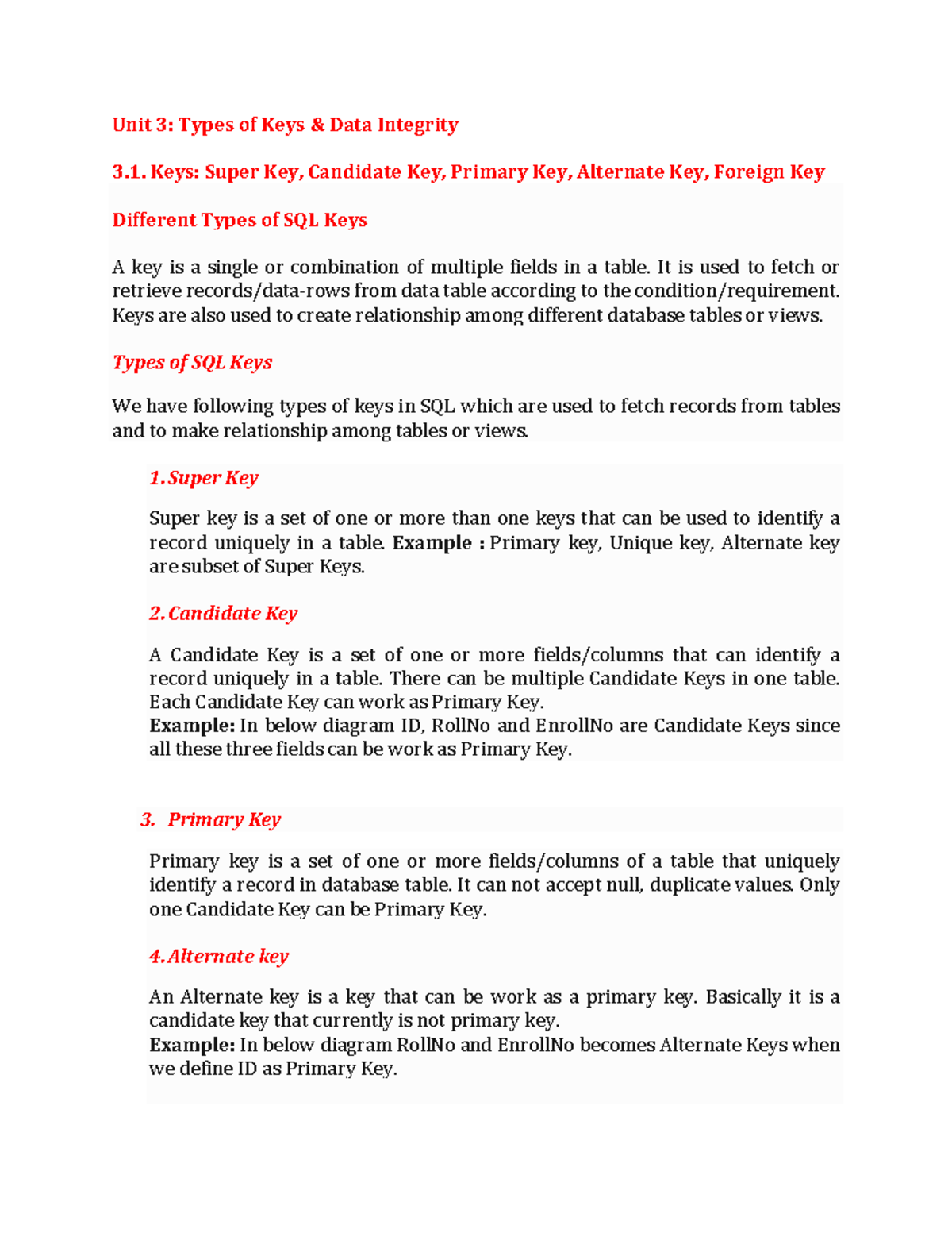 Chapter 3 - Unit 3: Types of Keys & Data Integrity Keys: Super Key, Candidate Key, Primary Key ...