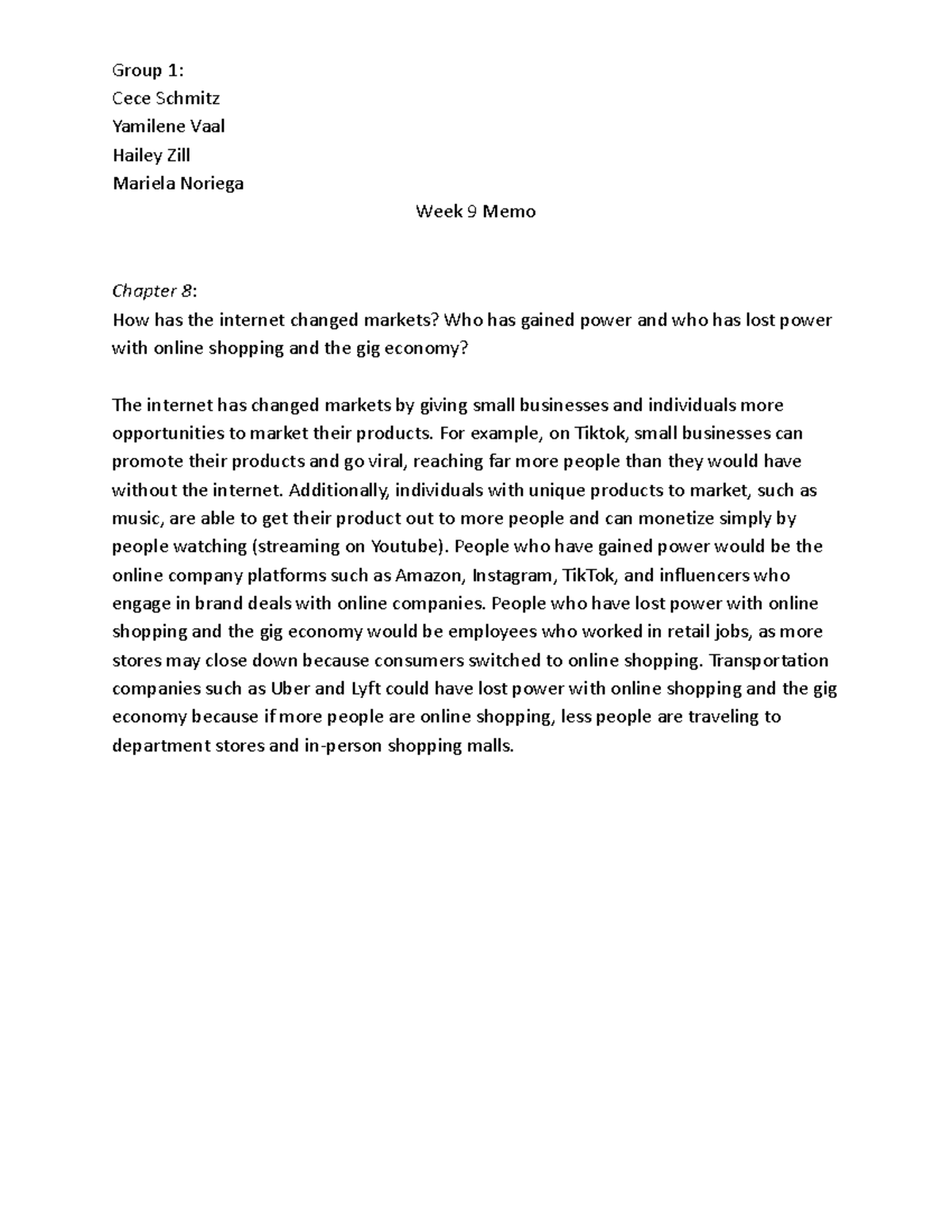 Week 9 Memo group 1 - Discussion 9 memo - Group 1: Cece Schmitz ...