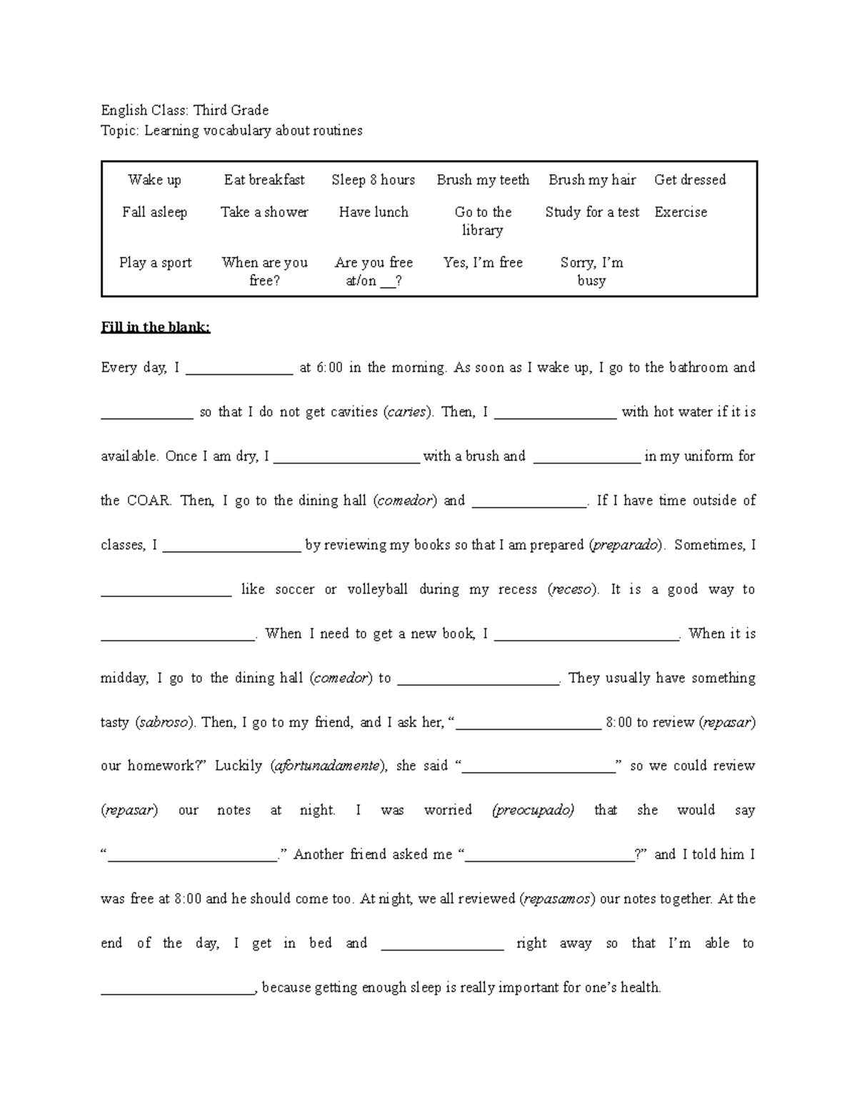 Vocab worksheet 3 - English Class: Third Grade Topic: Learning ...