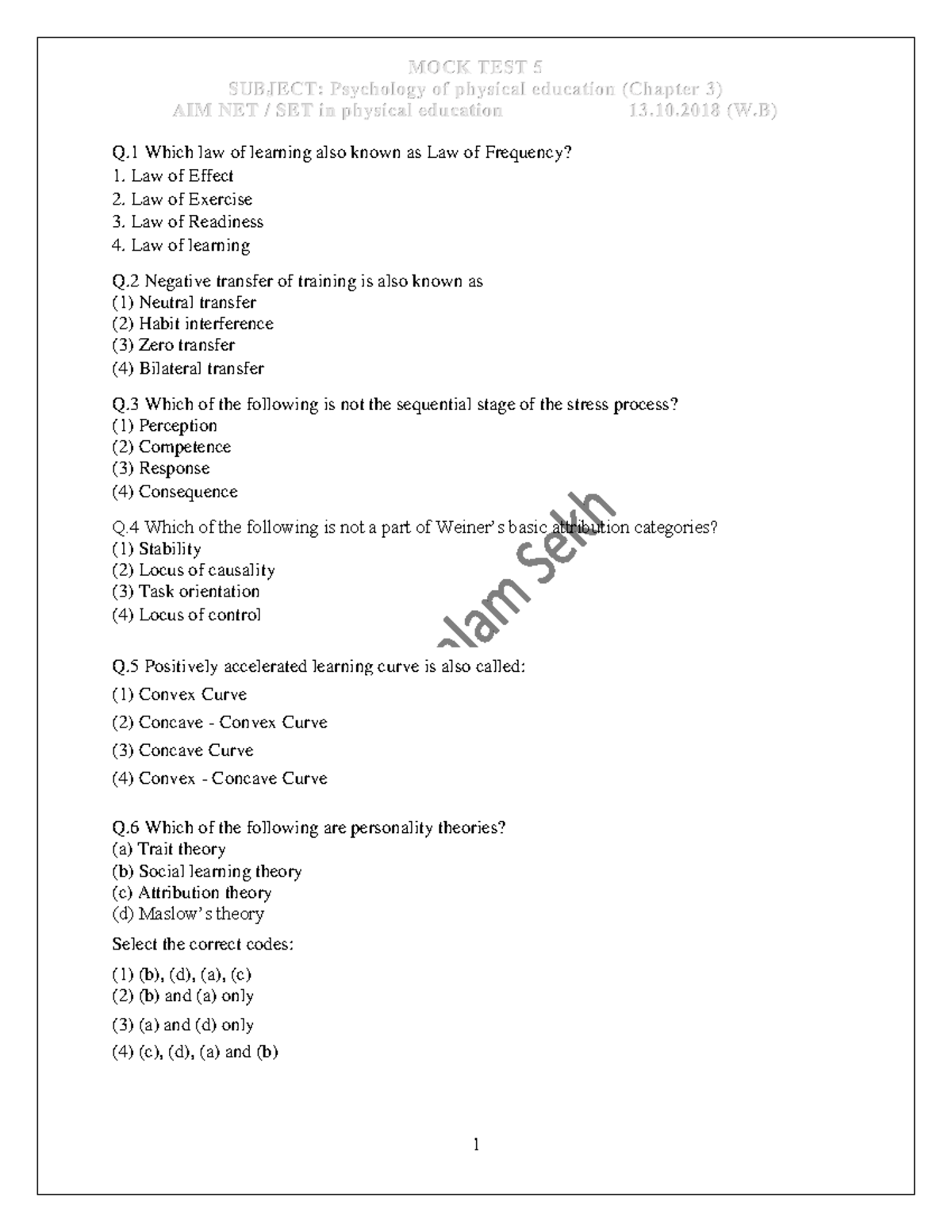 Mock Test 5 - exercise purpose only. - SUBJECT: Psychology of physical ...