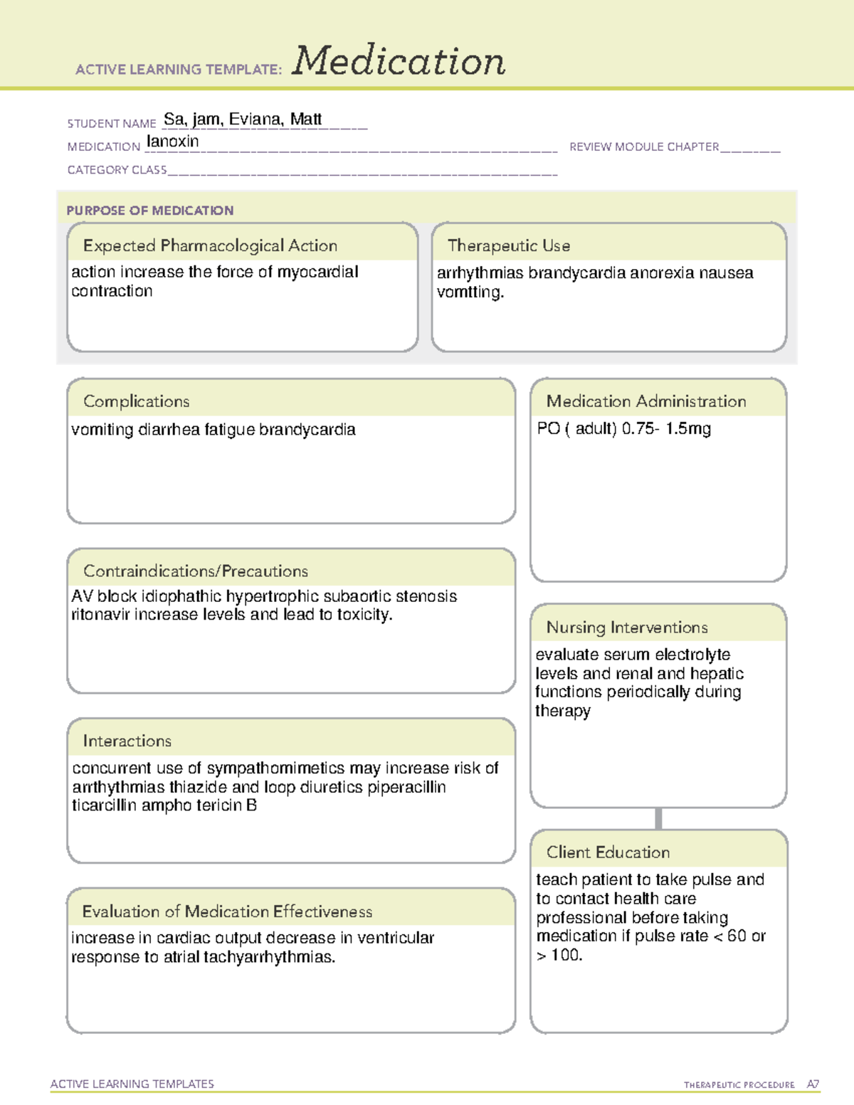 Lanoxin 1 revise - ACTIVE LEARNING TEMPLATES THERAPEUTIC PROCEDURE A ...