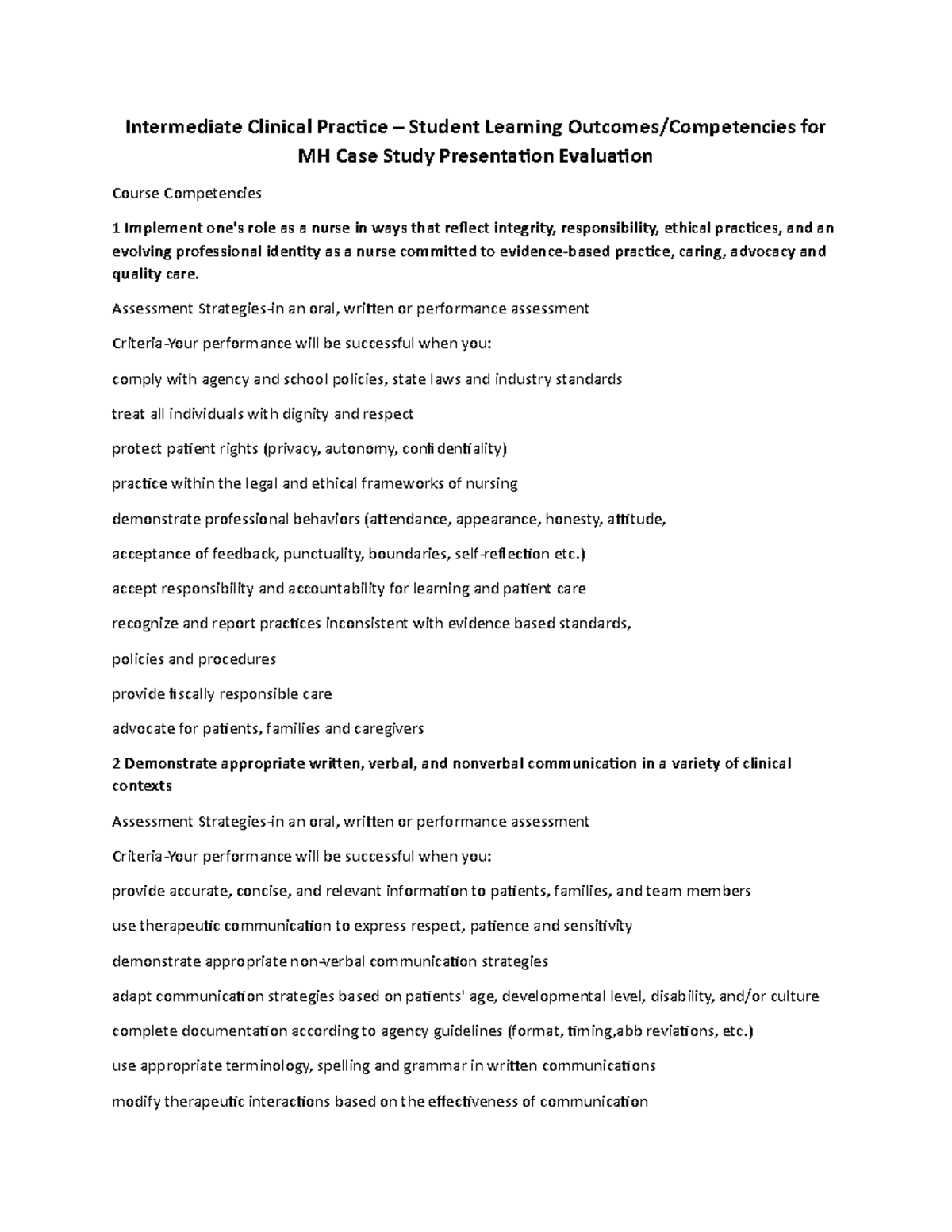 ICP MH Case Study SLO Focus - Intermediate Clinical Practice – Student ...
