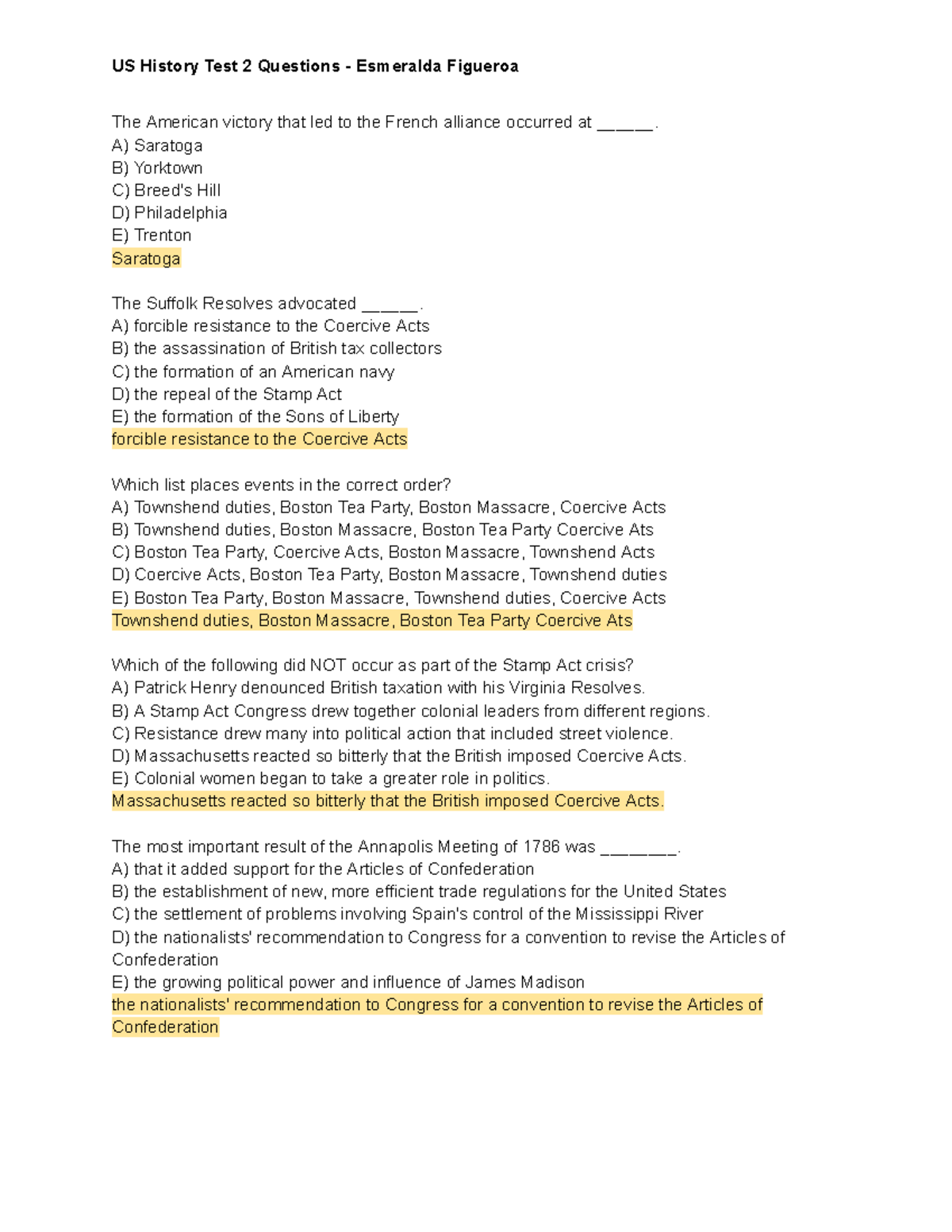 US History Test 2 Questions - Esmeralda Figueroa - A) Saratoga B ...