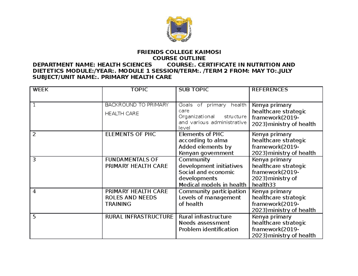 PHC MAY2023OUT - Course outline primary health care - FRIENDS COLLEGE ...
