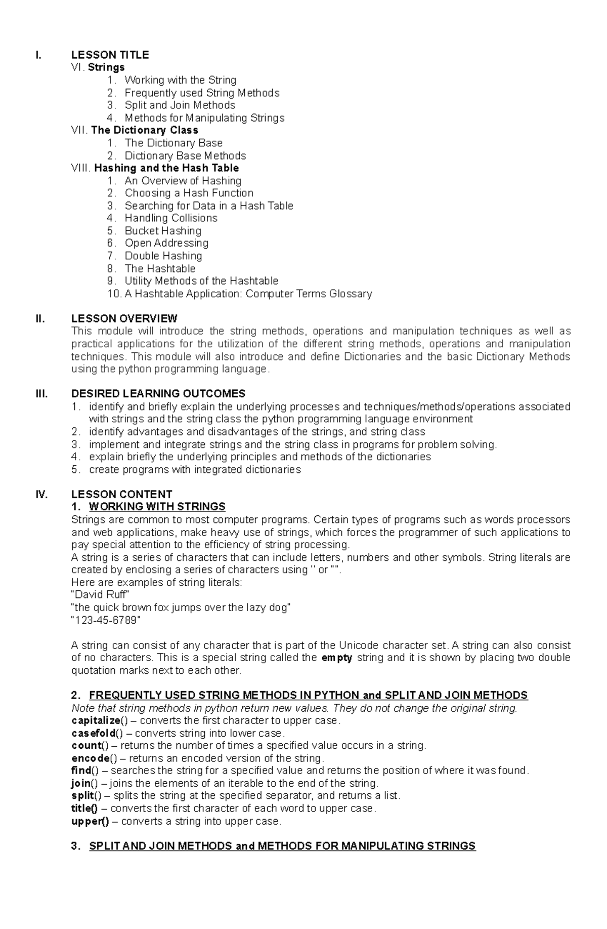 Data Structures and Algorithms IM4 - I. LESSON TITLE VI. Strings 1 ...