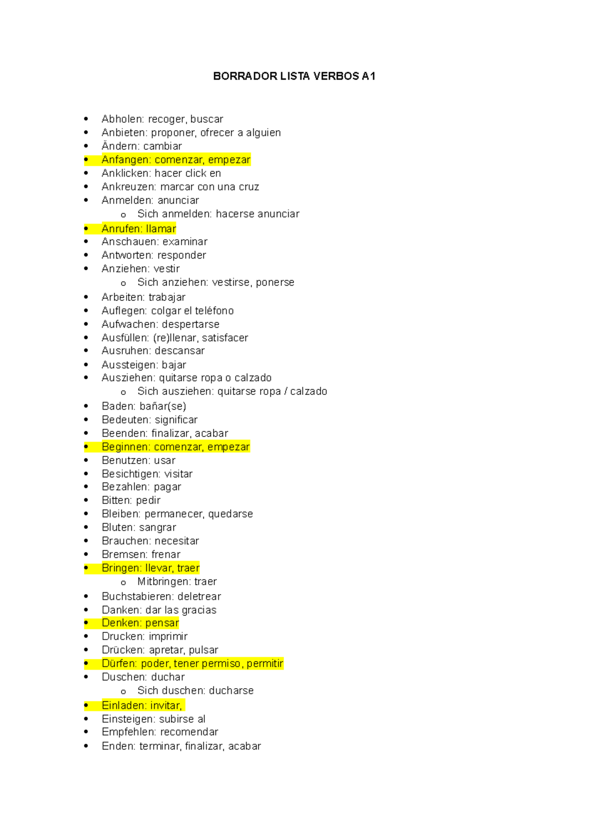 Borrador Lista Verbos A1 - BORRADOR LISTA VERBOS A Abholen: recoger ...