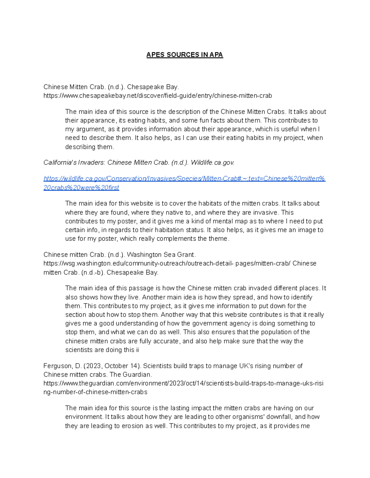 APES Sources IN AP - APES SOURCES IN APA Chinese Mitten Crab. (n ...