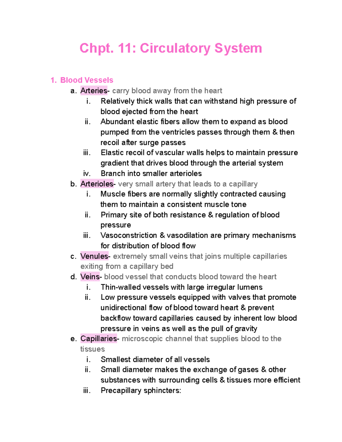 Chpt 11 notes-5 - chapter notes - Chpt. 11: Circulatory System 1. Blood ...
