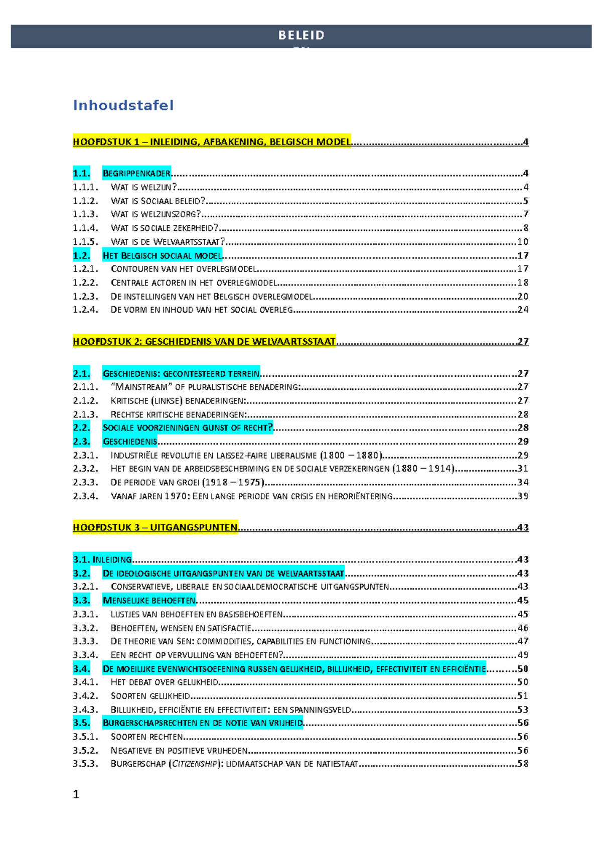 Beleid en voorzieningen van de welvaartstaat - Inhoudstafel HOOFDSTUK 1 ...