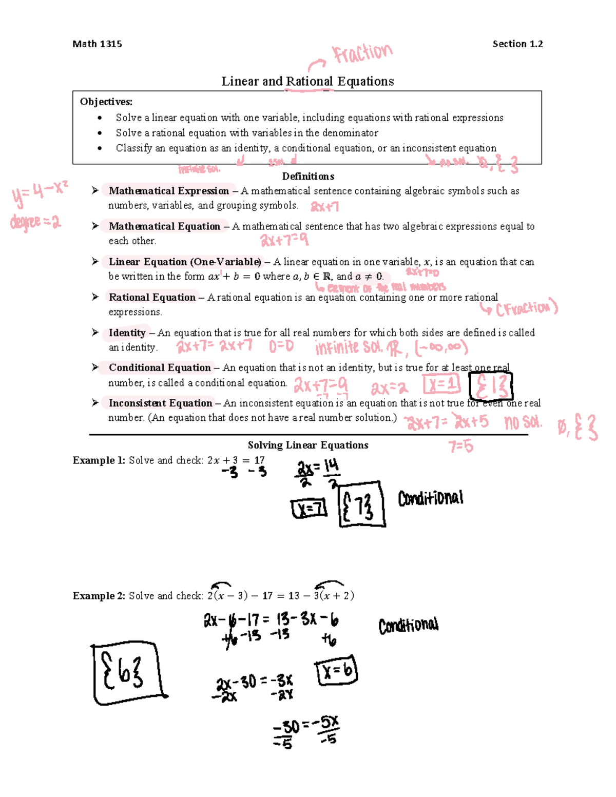 Algebra Notes 1.2 - Math 1315 Section 1. Linear and Rational Equations ...