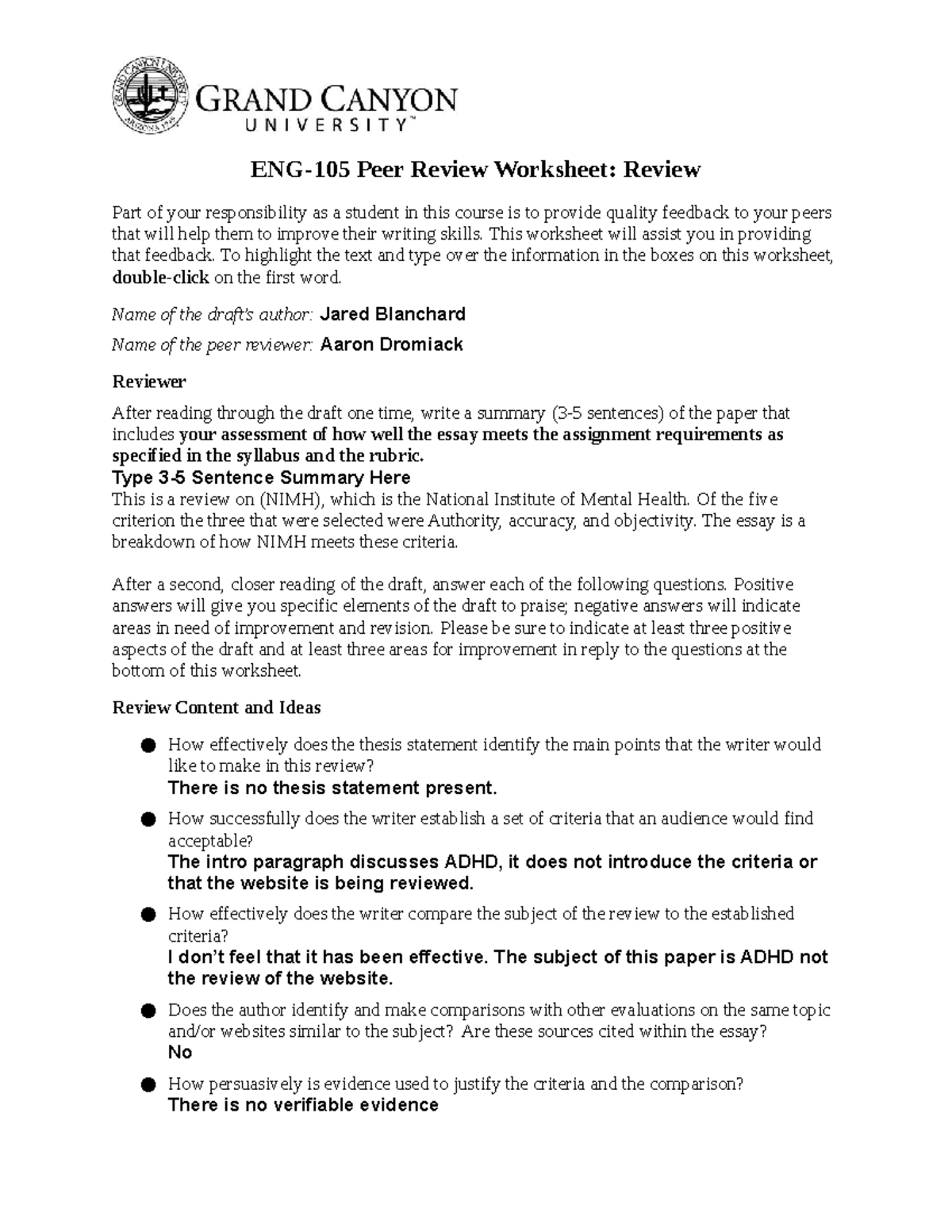ENG105 Week 4 Peer Review ENG 105 Peer Review Worksheet Review Part