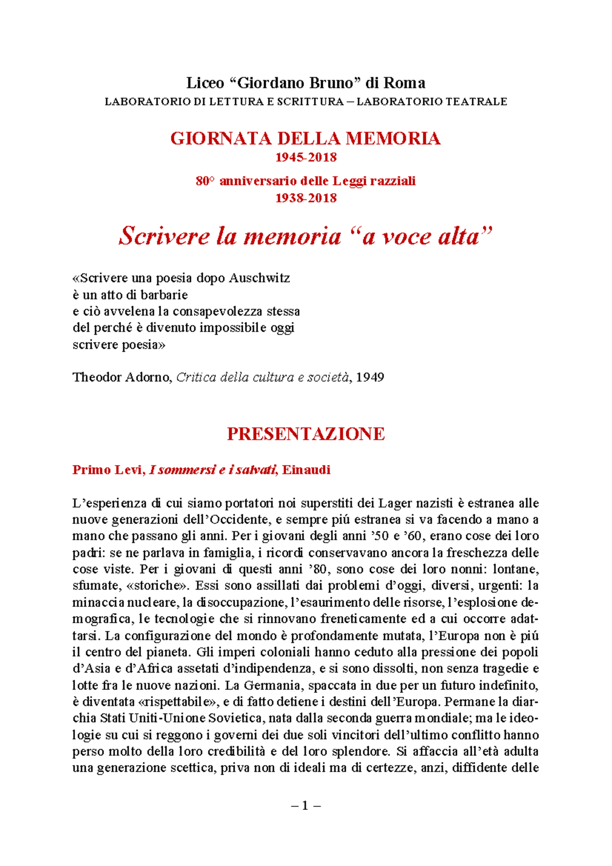 Letture per la Giornata della Memoria 2018 - Liceo “Giordano Bruno” di ...