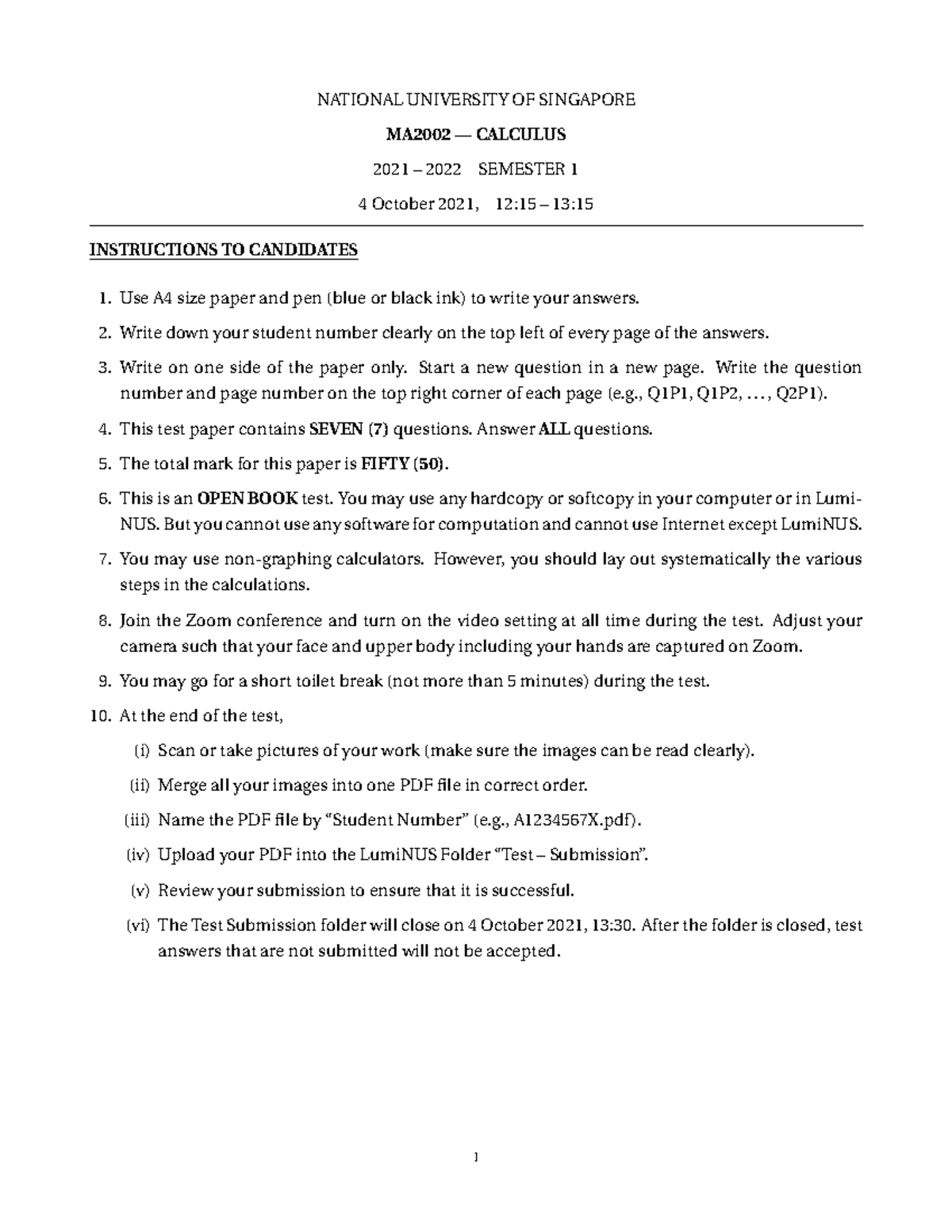 MA2002 2021 Sem1 Midterms Questions - NATIONAL UNIVERSITY OF SINGAPORE MA2002 Ð CALCULUS 2021 ± ...
