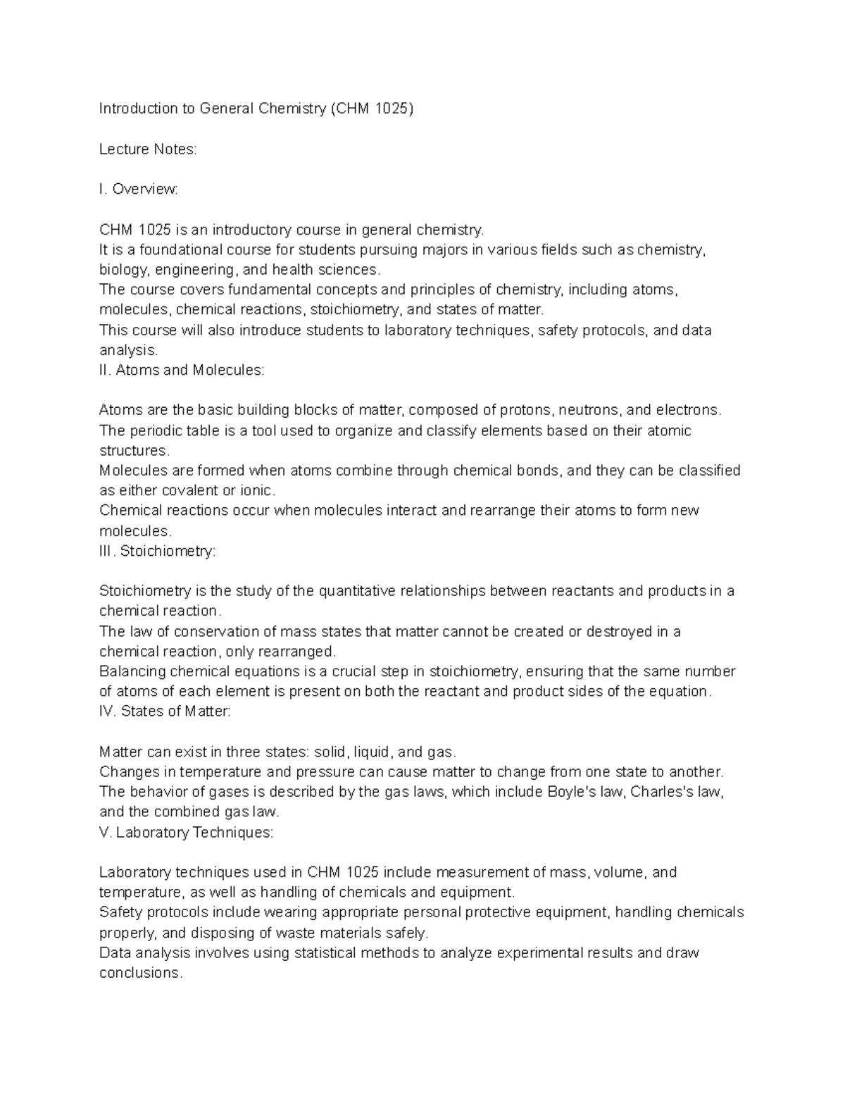 Introduction to General Chemistry (CHM 1025) - Overview: CHM 1025 is an ...