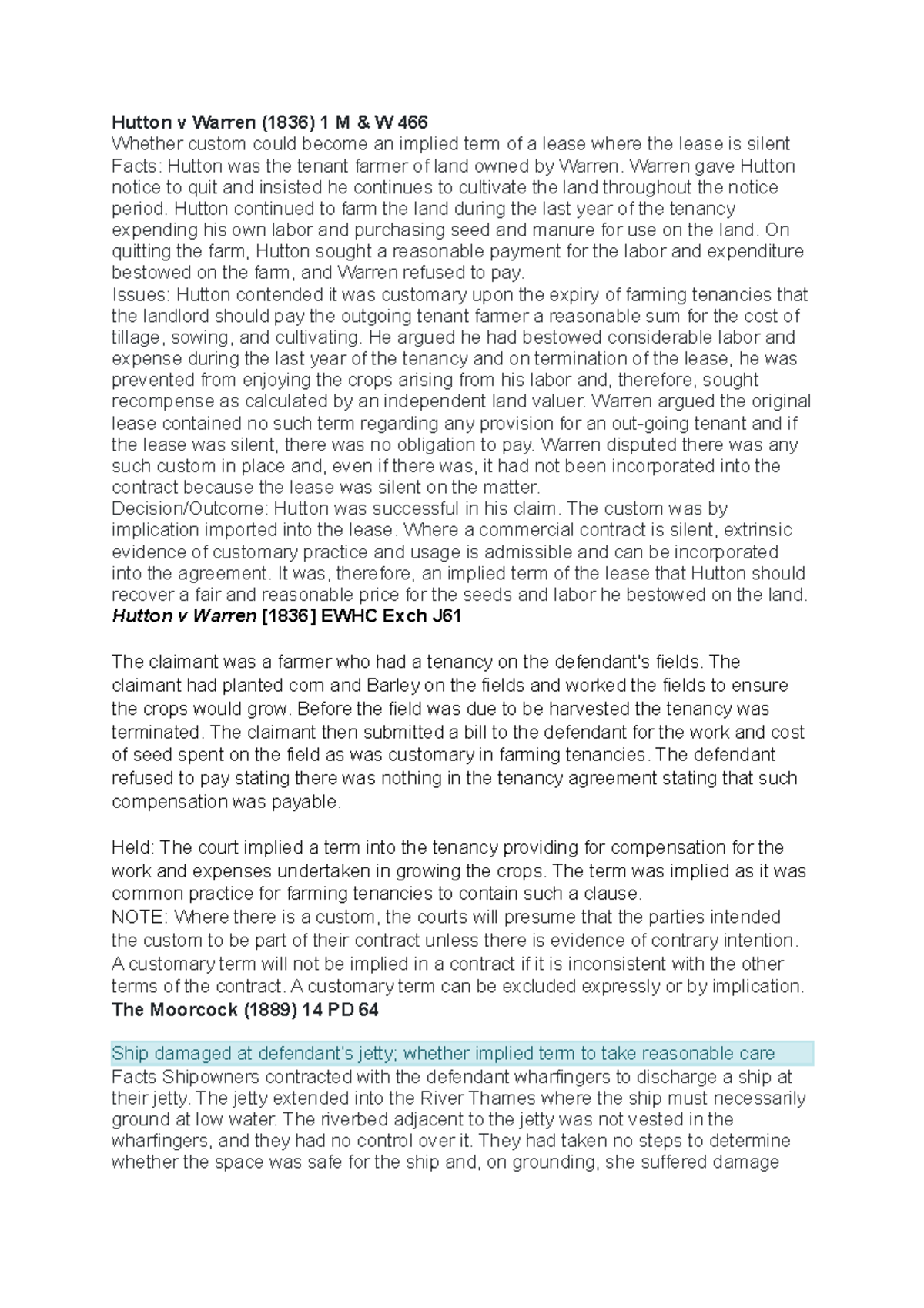 Contr LAW - question - Hutton v Warren (1836) 1 M & W 466 Whether ...