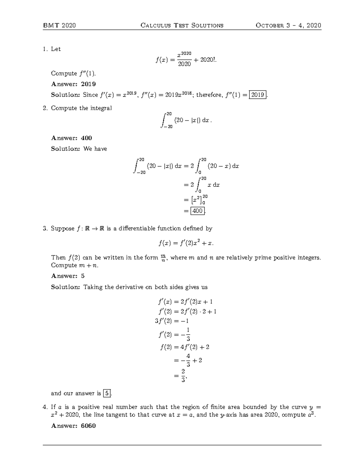 Calculus-solutions-1 - Let f (x) = x 2020 2020 + 2020! . Compute f ′′(1 ...