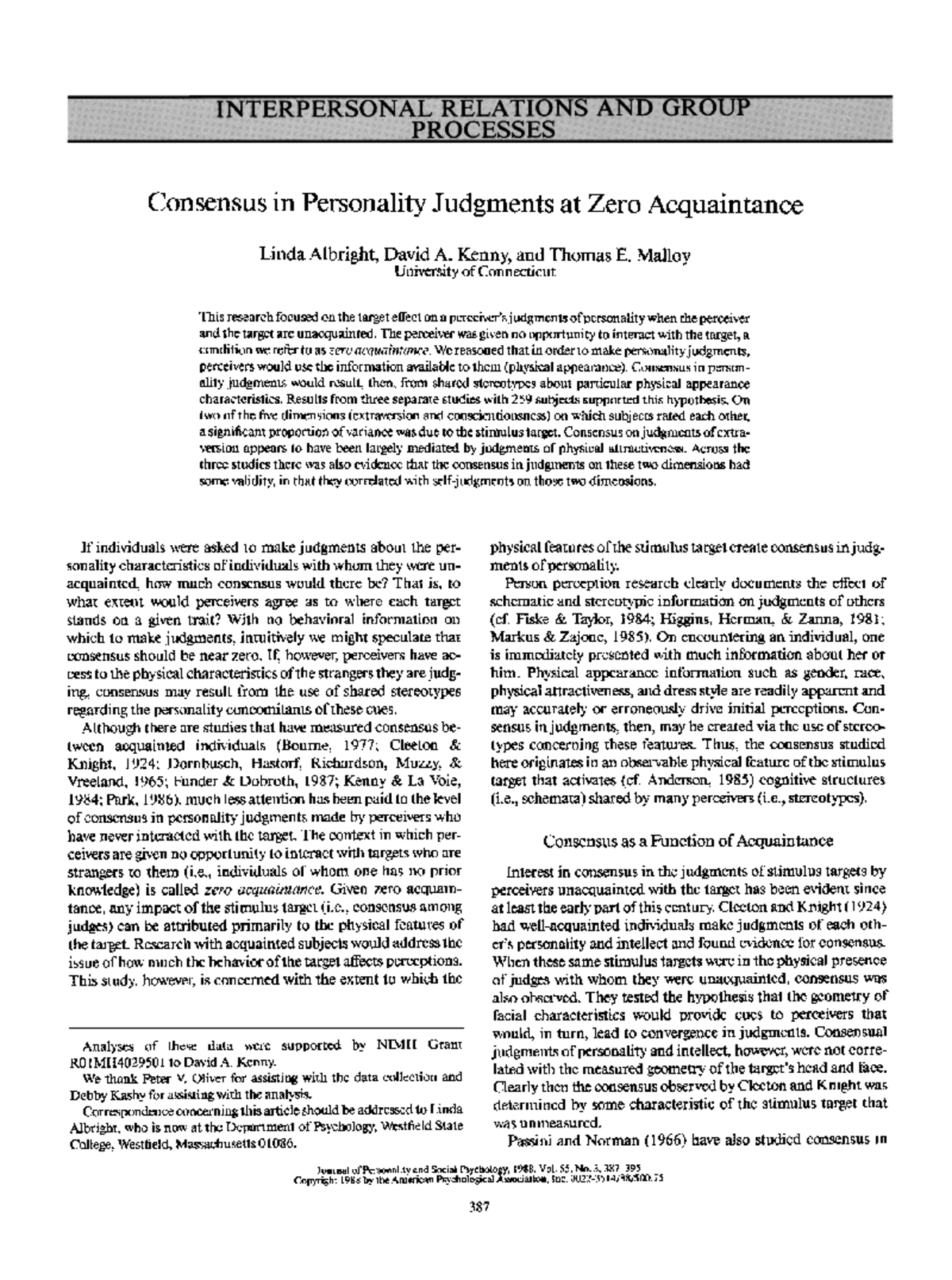 Personality Judgement in Zero Acquaintance - Consensus in Personality ...