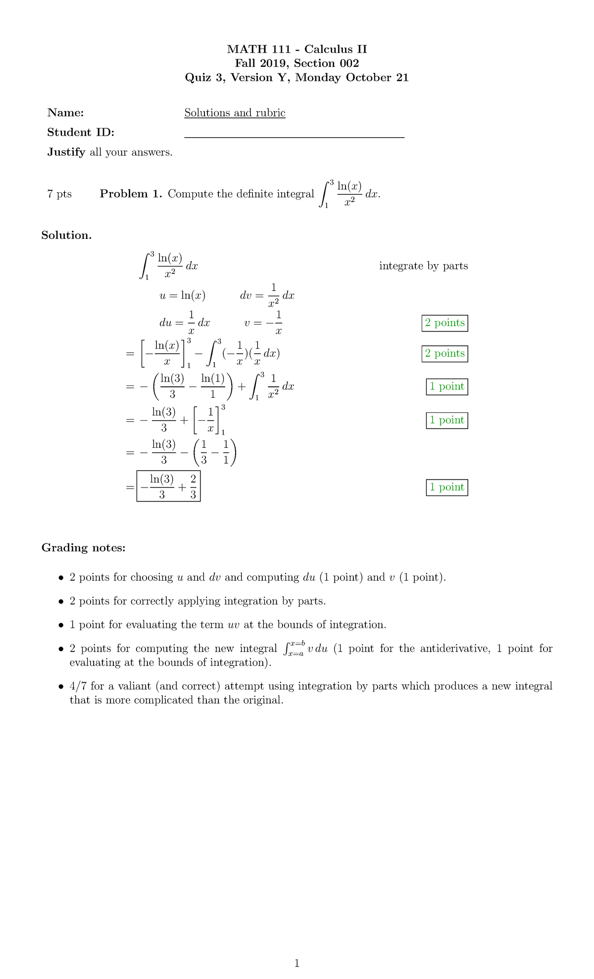 Math111Quiz3Solutions - MATH 111 - Calculus II Fall 2019, Section 002 ...