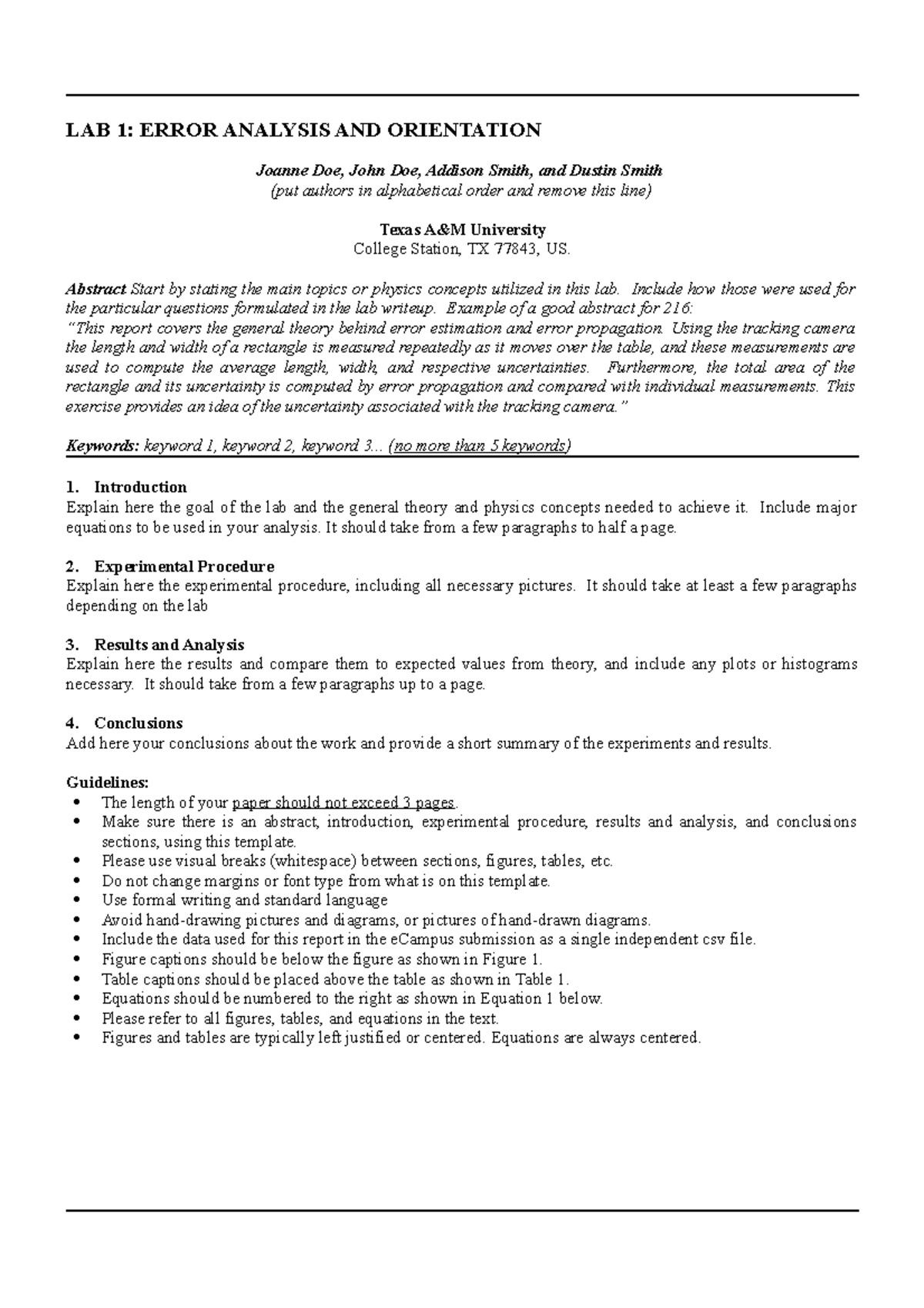 Lab Report Templatev 4 - template of lab 1 - LAB 1: ERROR ANALYSIS AND ORIENTATION Joanne Doe ...