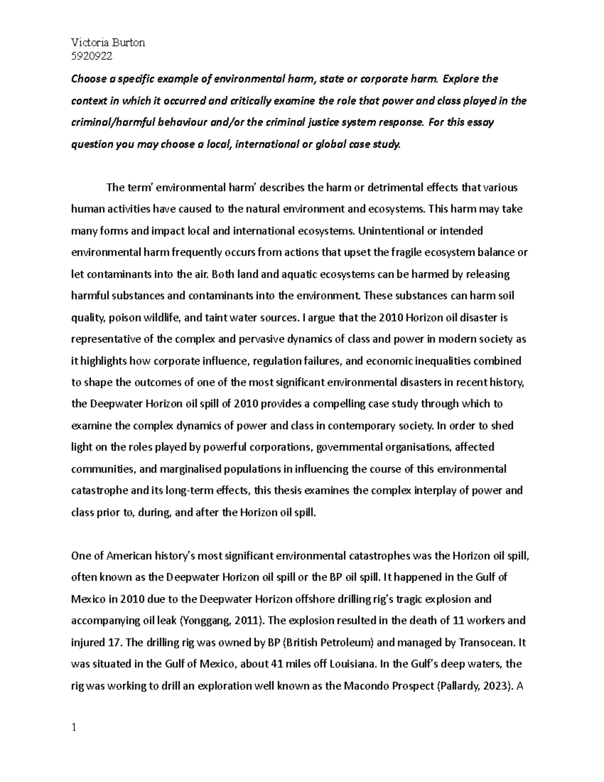 Sociology Essay - 5920922 Choose a specific example of environmental ...