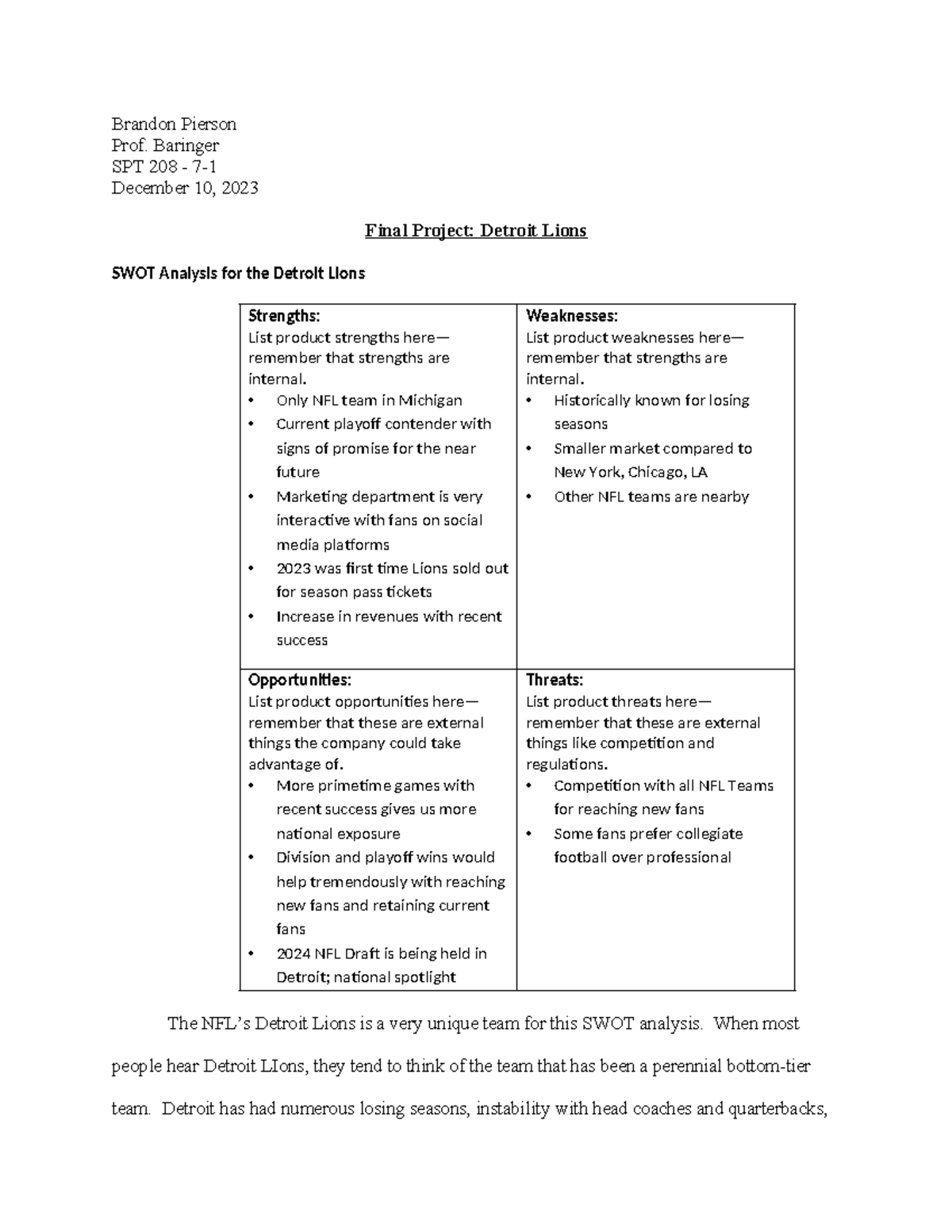 SPT 208 7-1 - 7-1 - Brandon Pierson Prof. Baringer SPT 208 - 7 ...