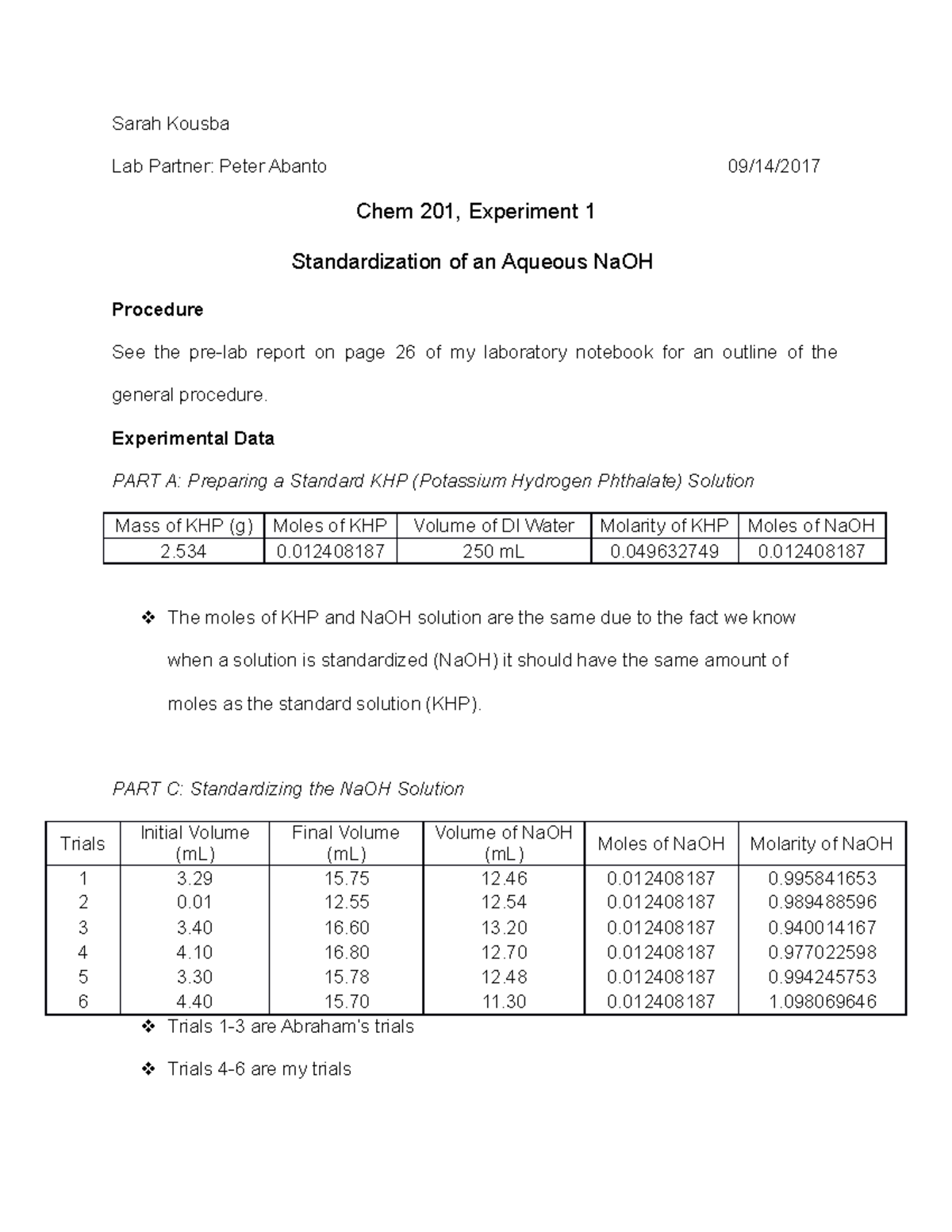 Lab report #1 chem 201 - Sarah Kousba Lab Partner: Peter Abanto 09/14 ...