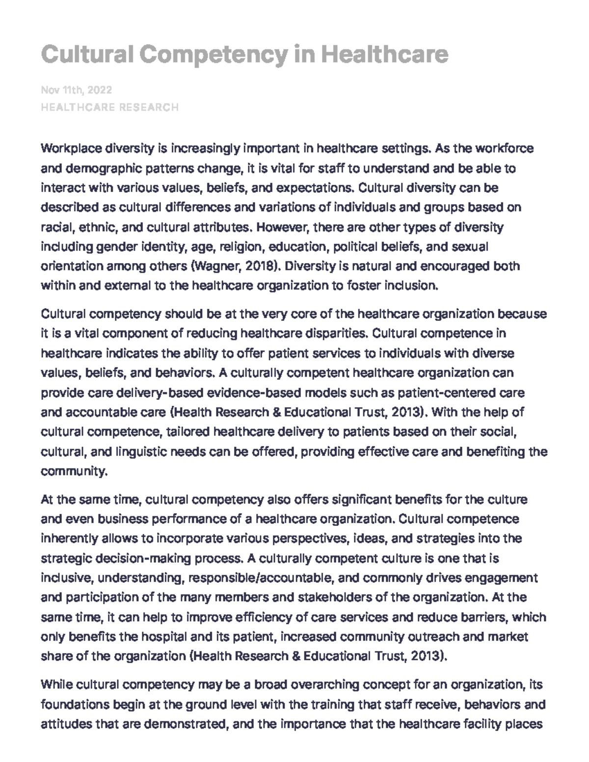 Cultural Competency in Healthcare Essay Example - Workplace diversity ...