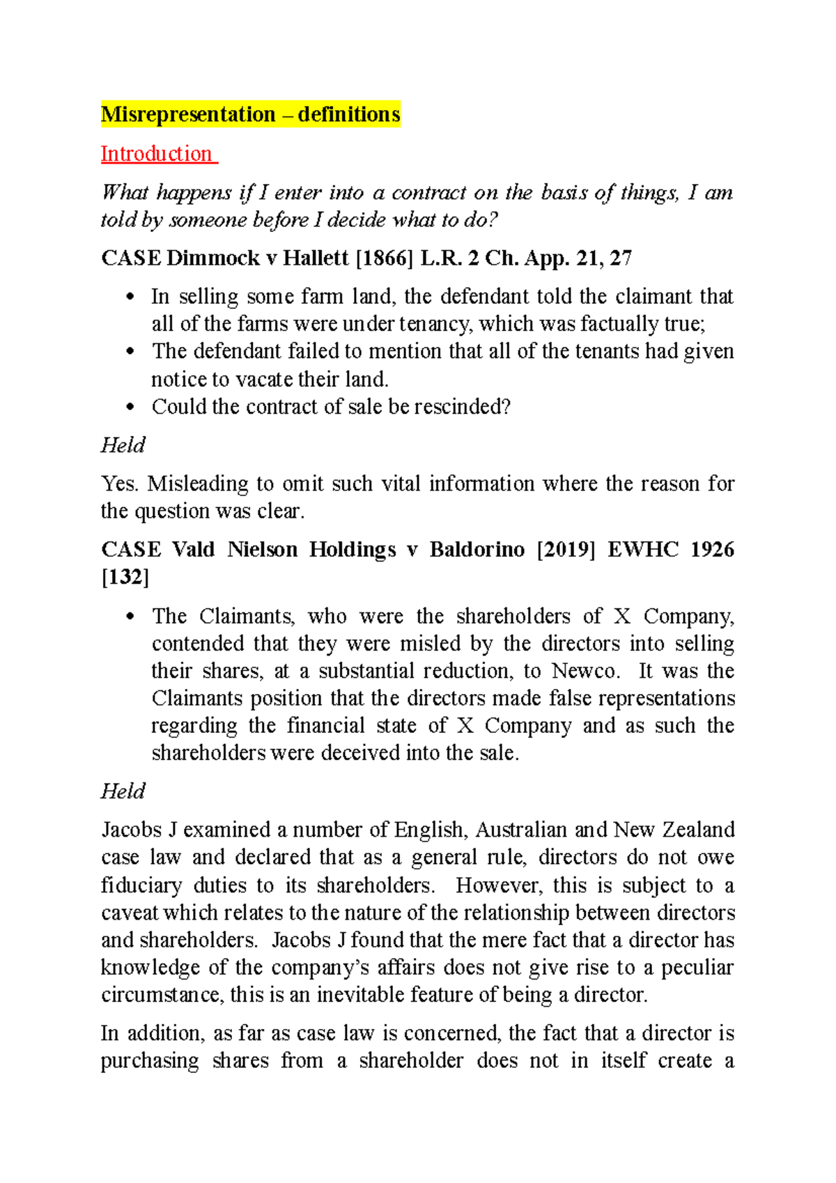 Misrep - definition (cases) - Misrepresentation – definitions ...