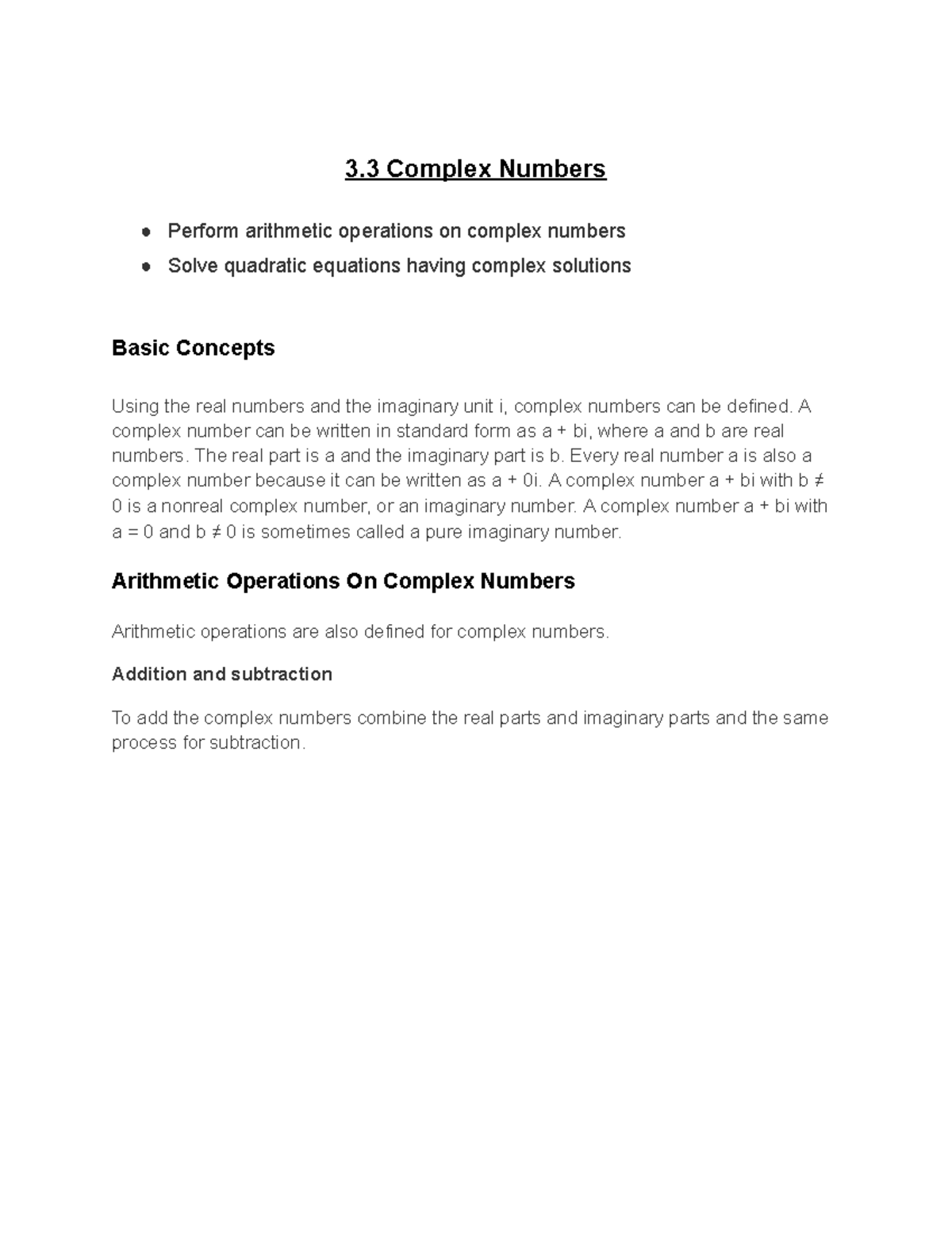 3.3 Complex Numbers - 3 Complex Numbers Perform arithmetic operations ...