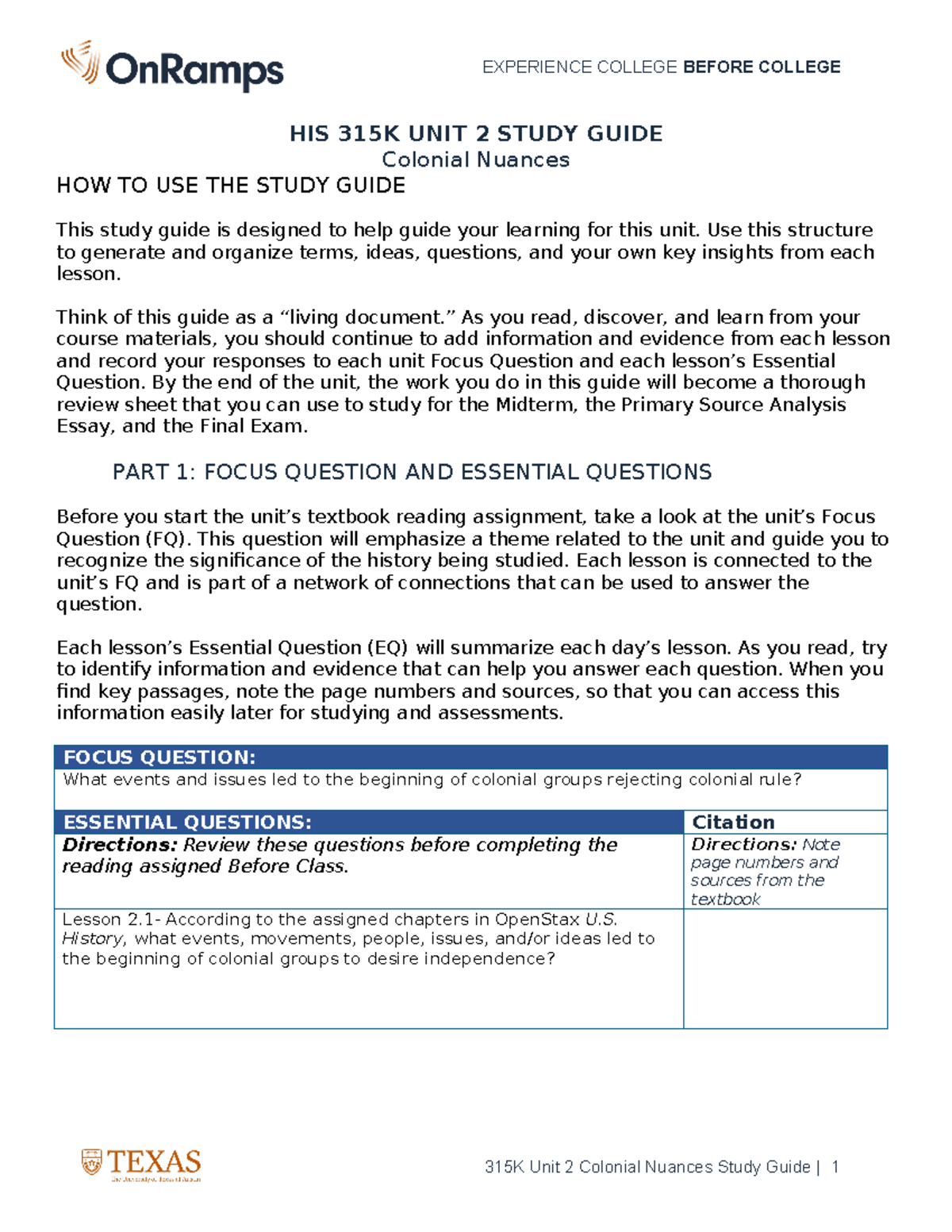 SG HIS 315K U2 Student Version - HIS 315K UNIT 2 STUDY GUIDE Colonial Nuances HOW TO USE THE ...