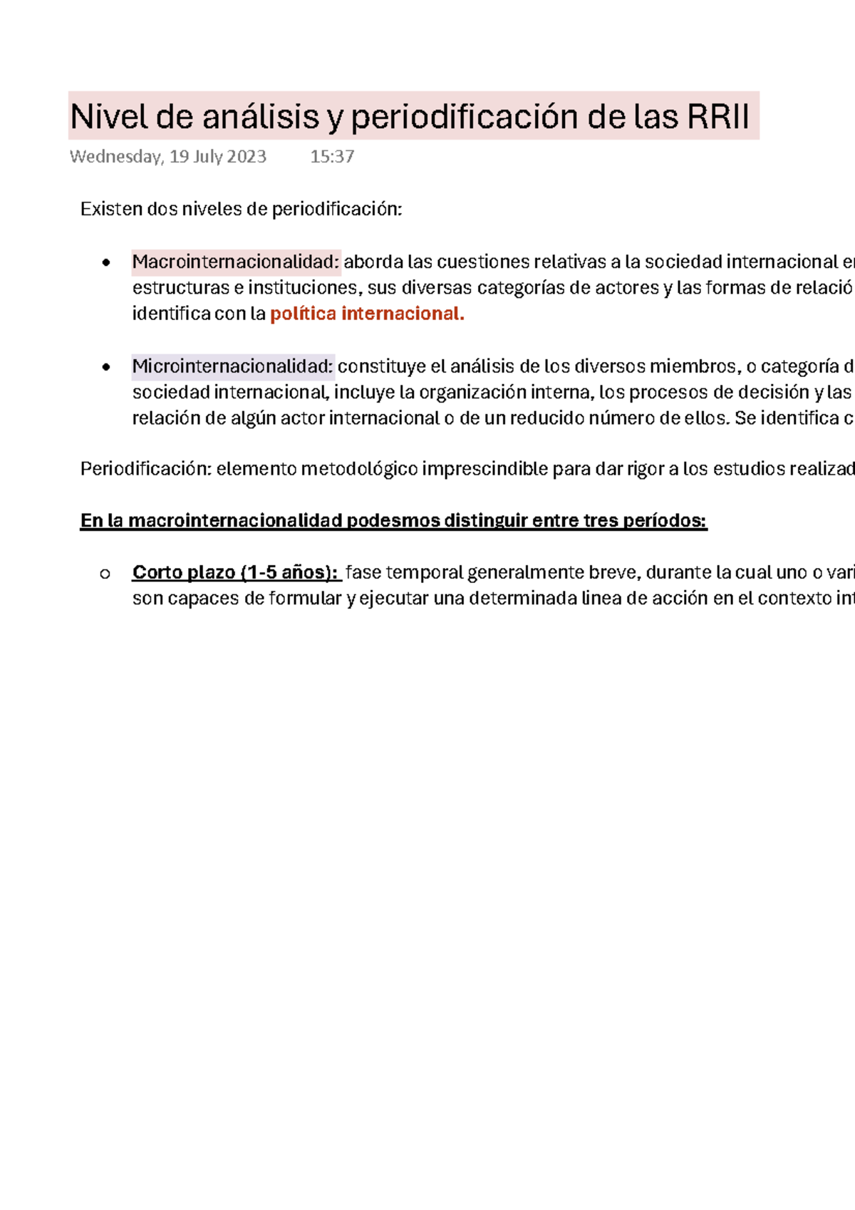 Nivel de análisis y periodificación de las RRII - Existen dos niveles ...