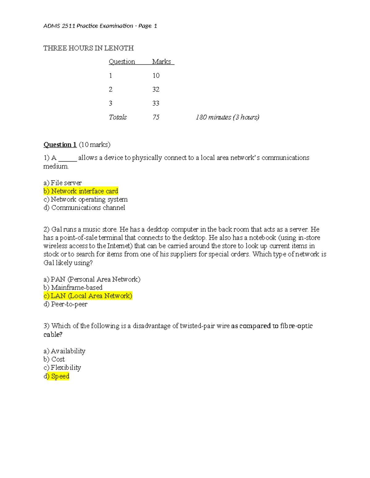 2511 Practice Final SU2023 - THREE HOURS IN LENGTH Question Marks 1 10 ...