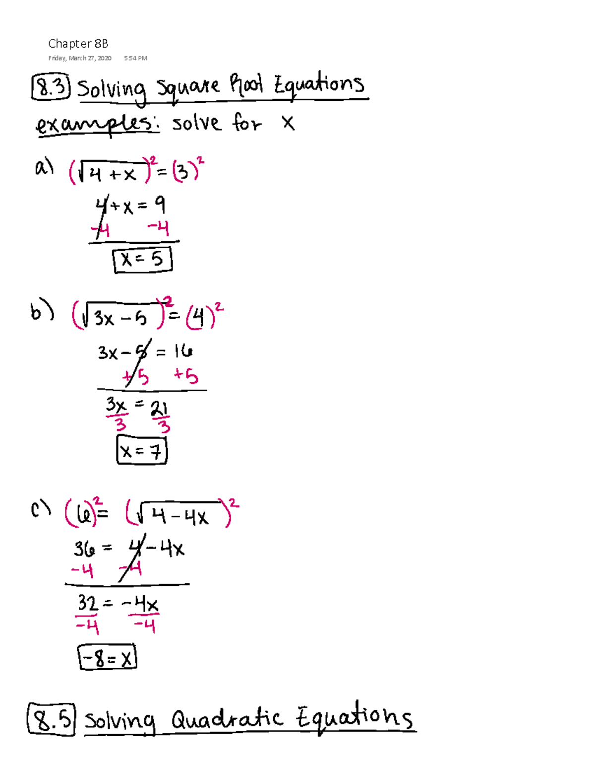 Chapter 8B Notes - Chapter 8B Friday, March 27, 2020 5:54 PM 8 Solving ...