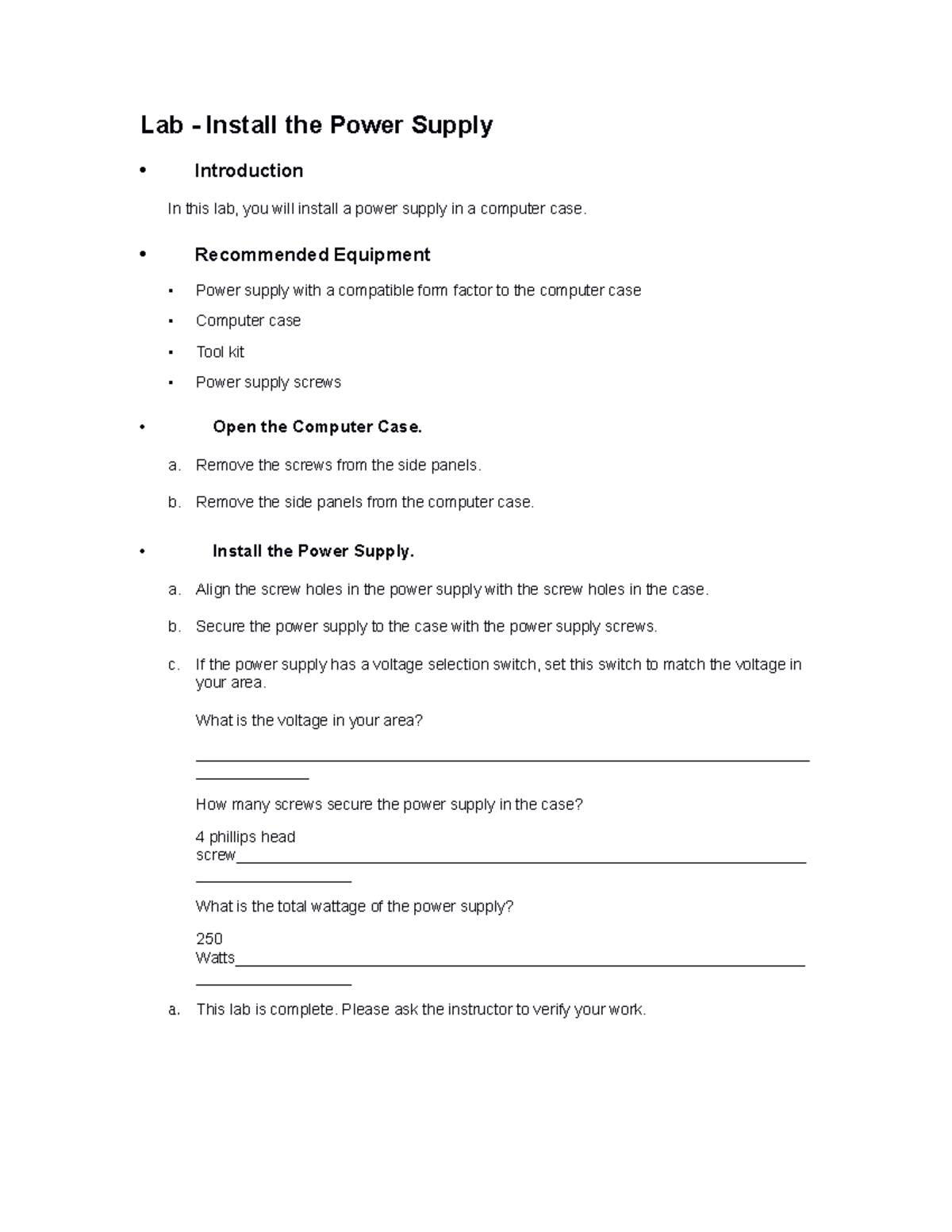 3.1.1.3 Lab - Install the Power Supply - Lab - Install the Power Supply ...