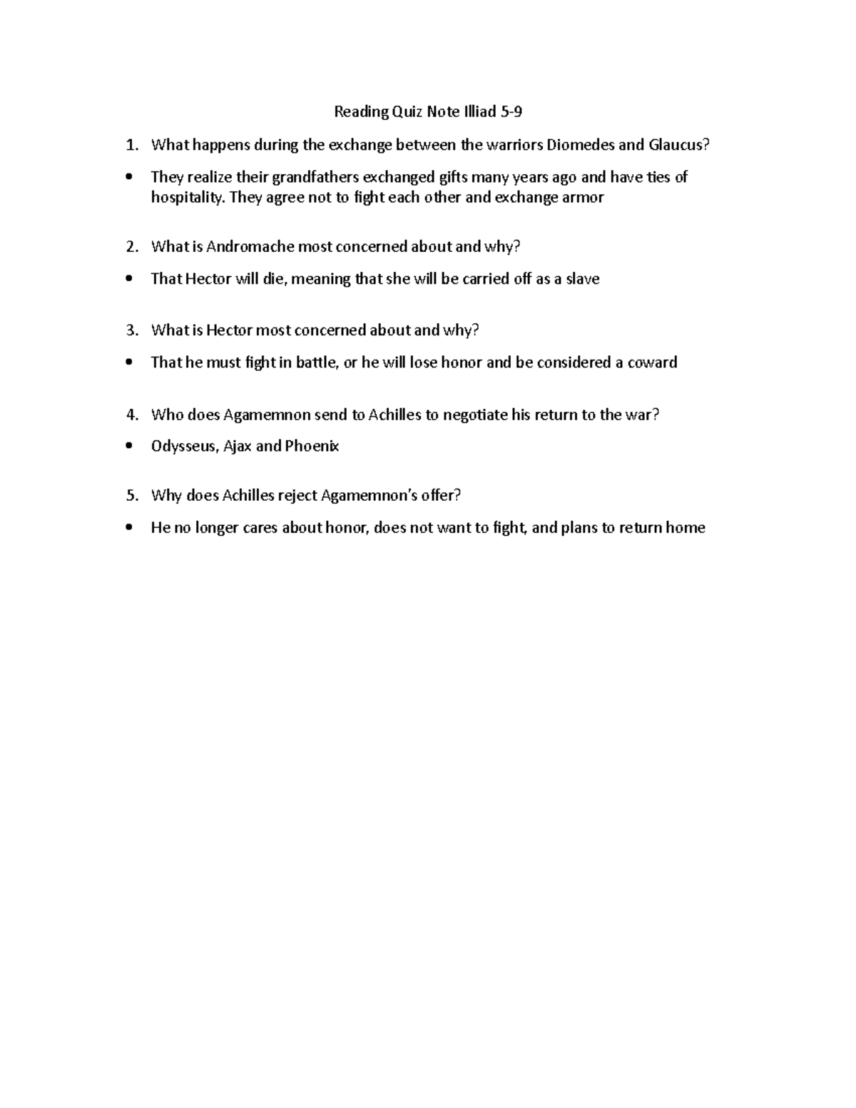 #1 Reading Quiz Note Iliad 5-9 - Reading Quiz Note Illiad 5- What ...