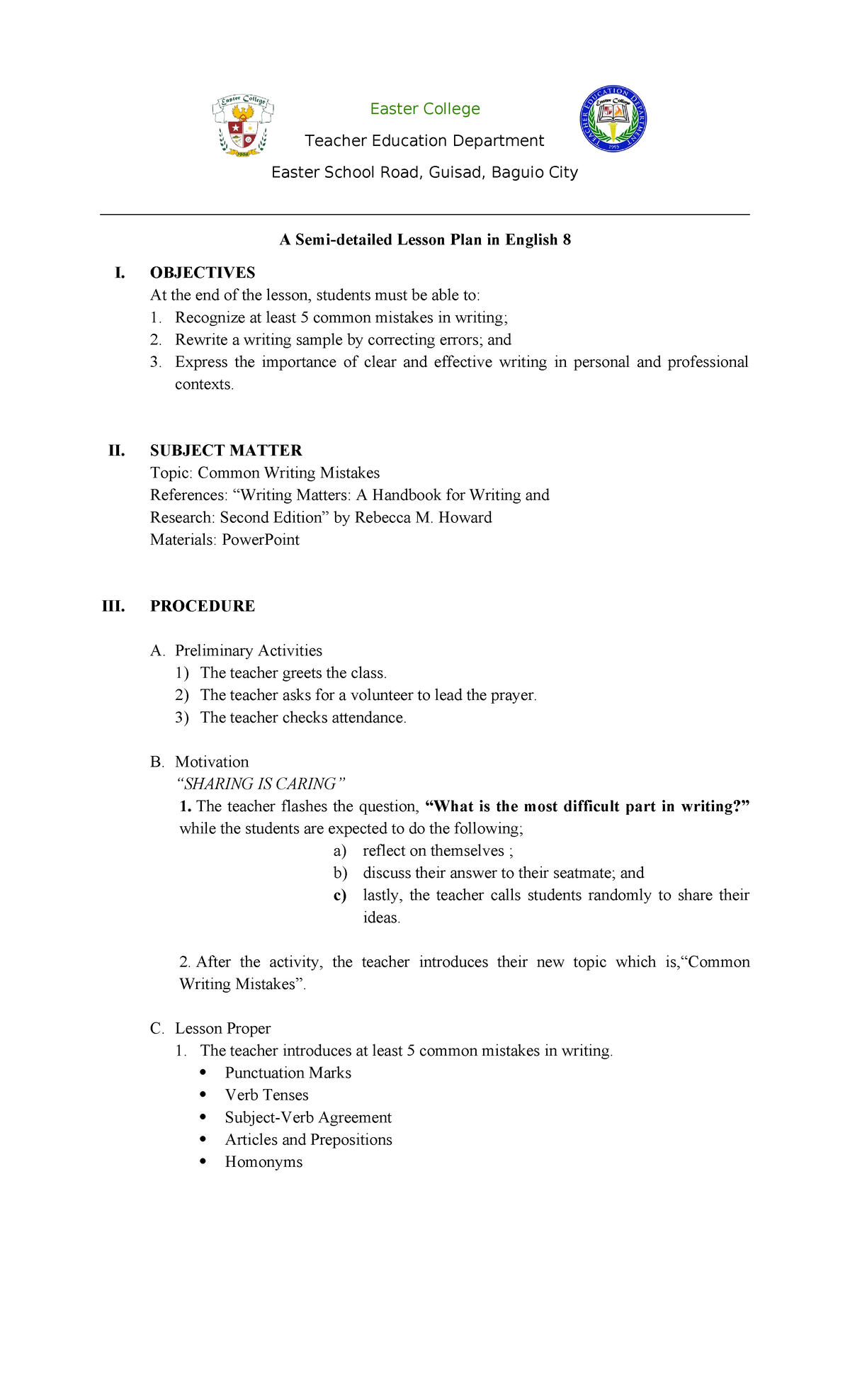 G8 Lesson plan - Easter College Teacher Education Department Easter ...