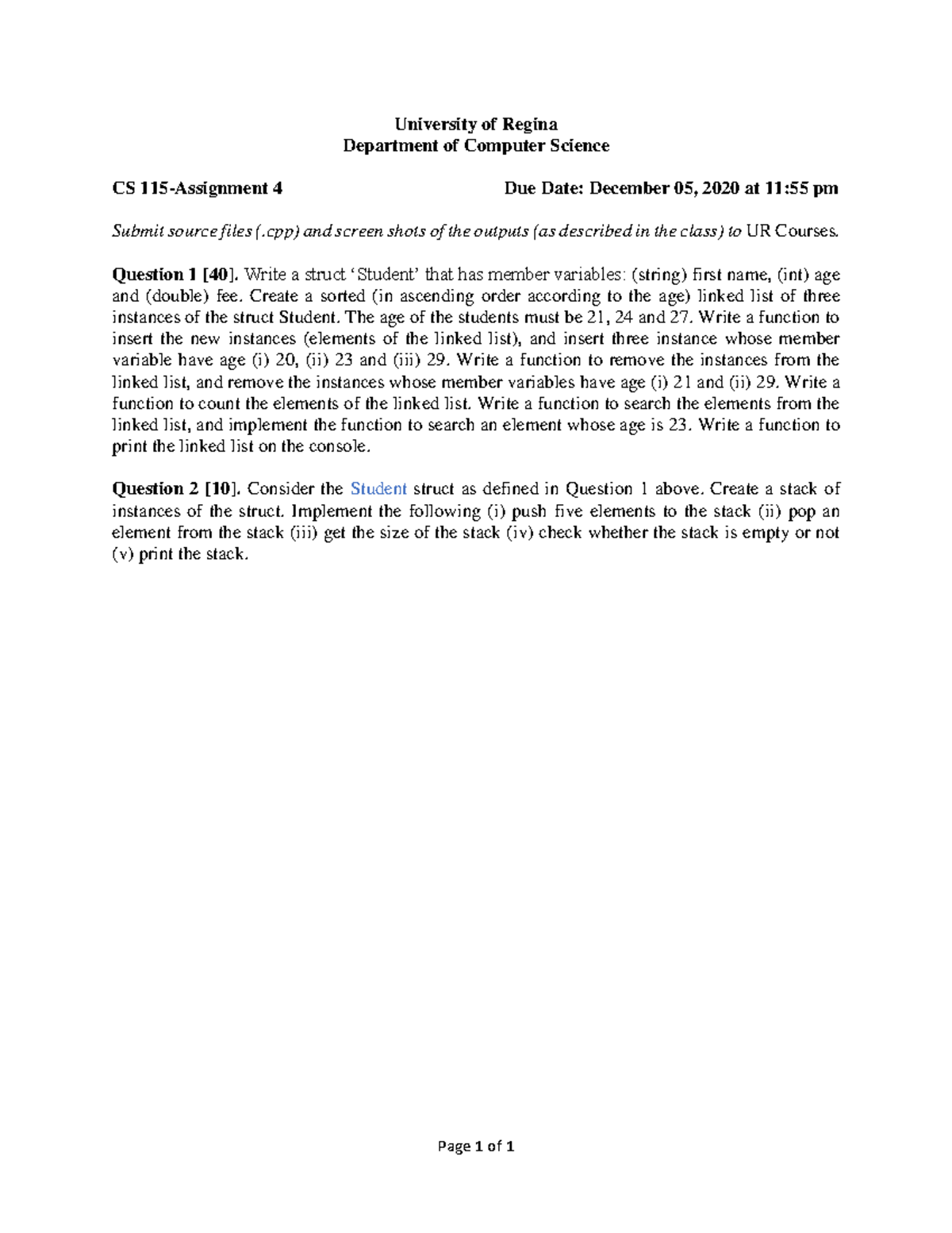 CS 115-003 Assignment-4 Fall-2020 - Page 1 of 1 University of Regina Department of Computer ...