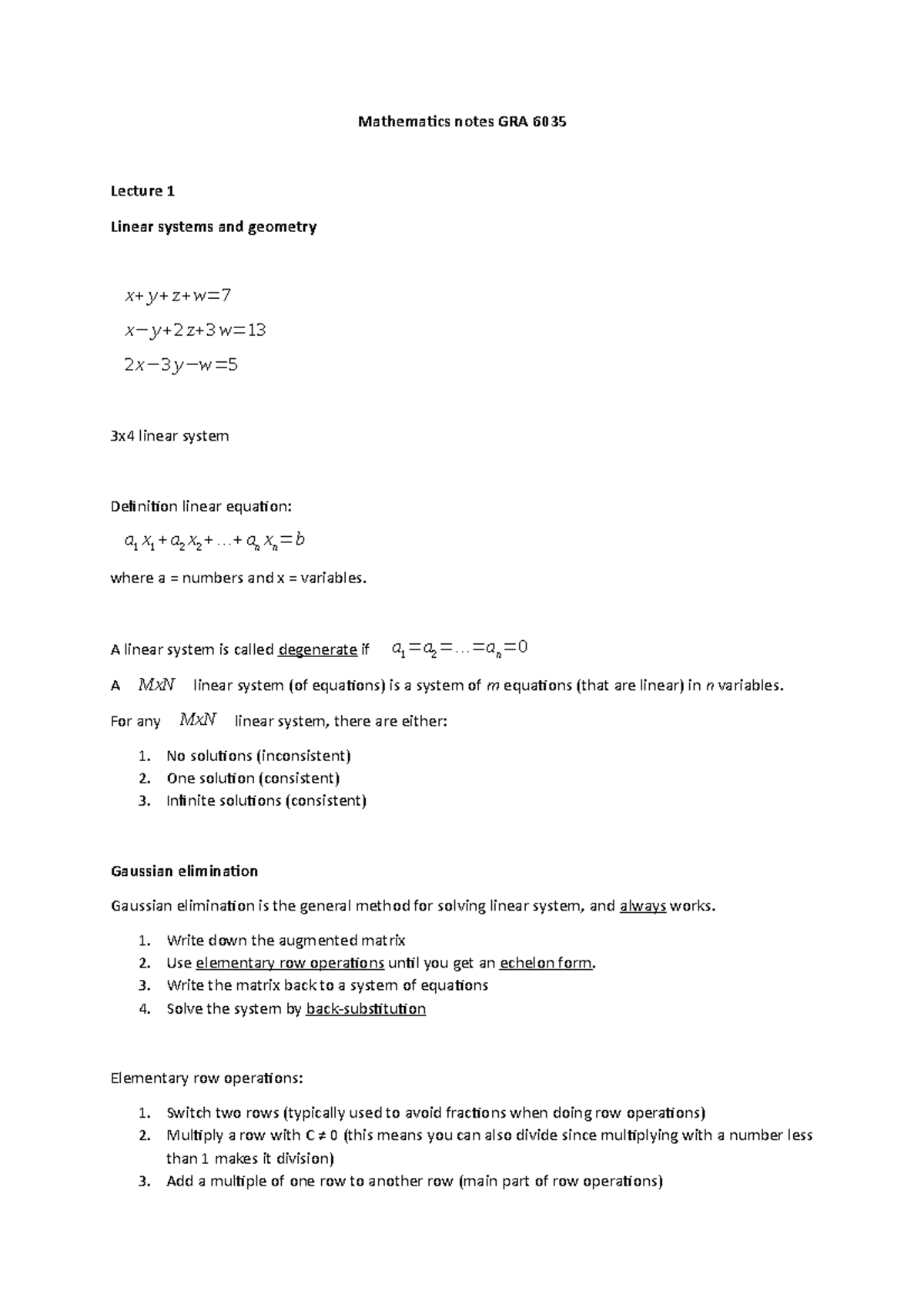 Exam notes Mathematics - Mathematics notes GRA 6035 Lecture 1 Linear ...