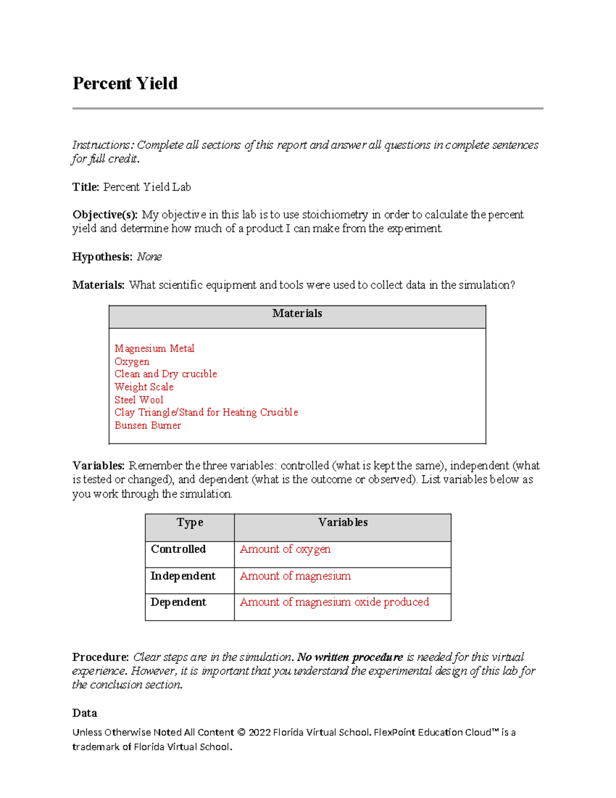 Worksheet 05 07 - Percent Yield Instructions: Complete all sections of ...
