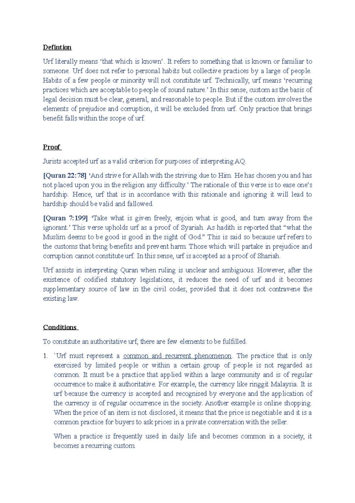 Provisions Urf islamic law - Defintion Urf literally means ‘that which ...