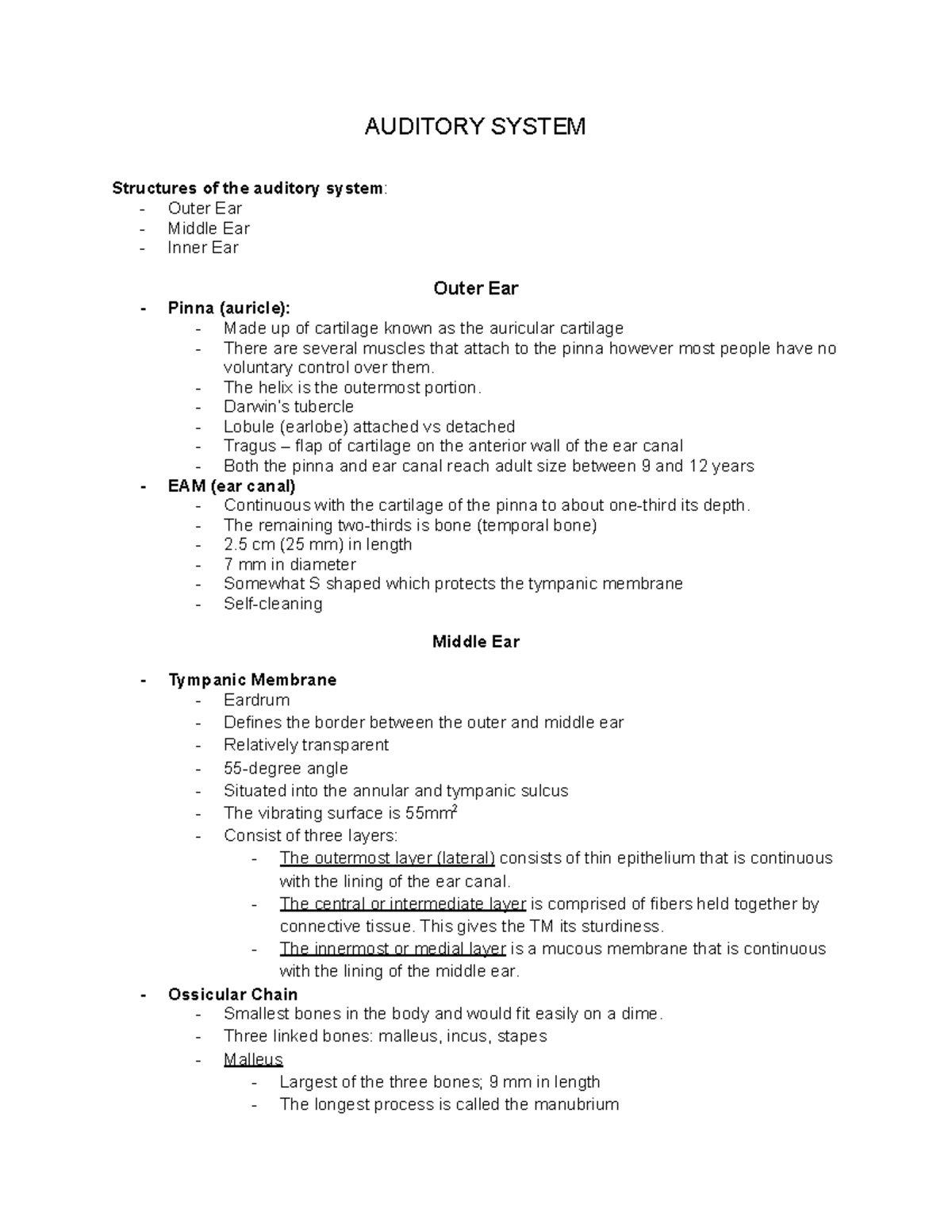 Auditory System - AP binder - AUDITORY SYSTEM Structures of the ...