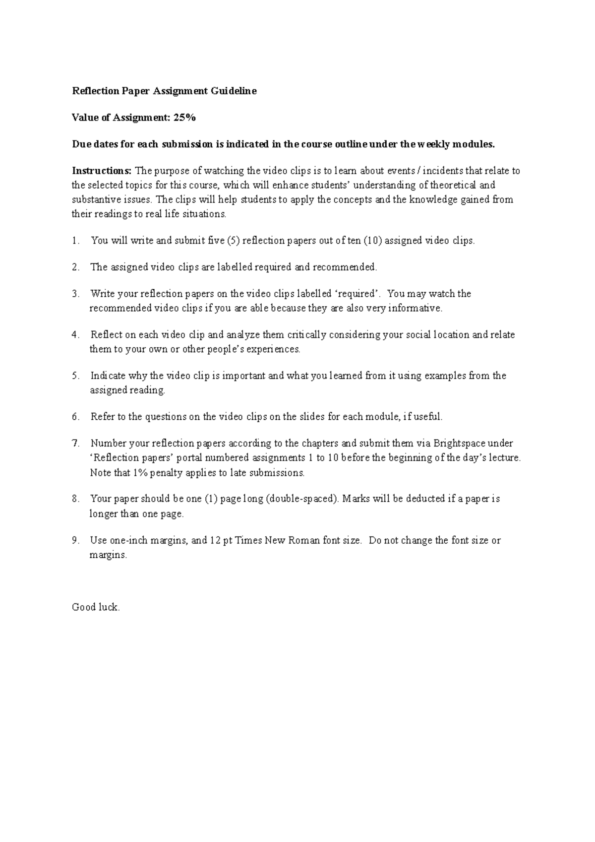 Reflection Paper Assignment Guideline - Instructions: The purpose of ...