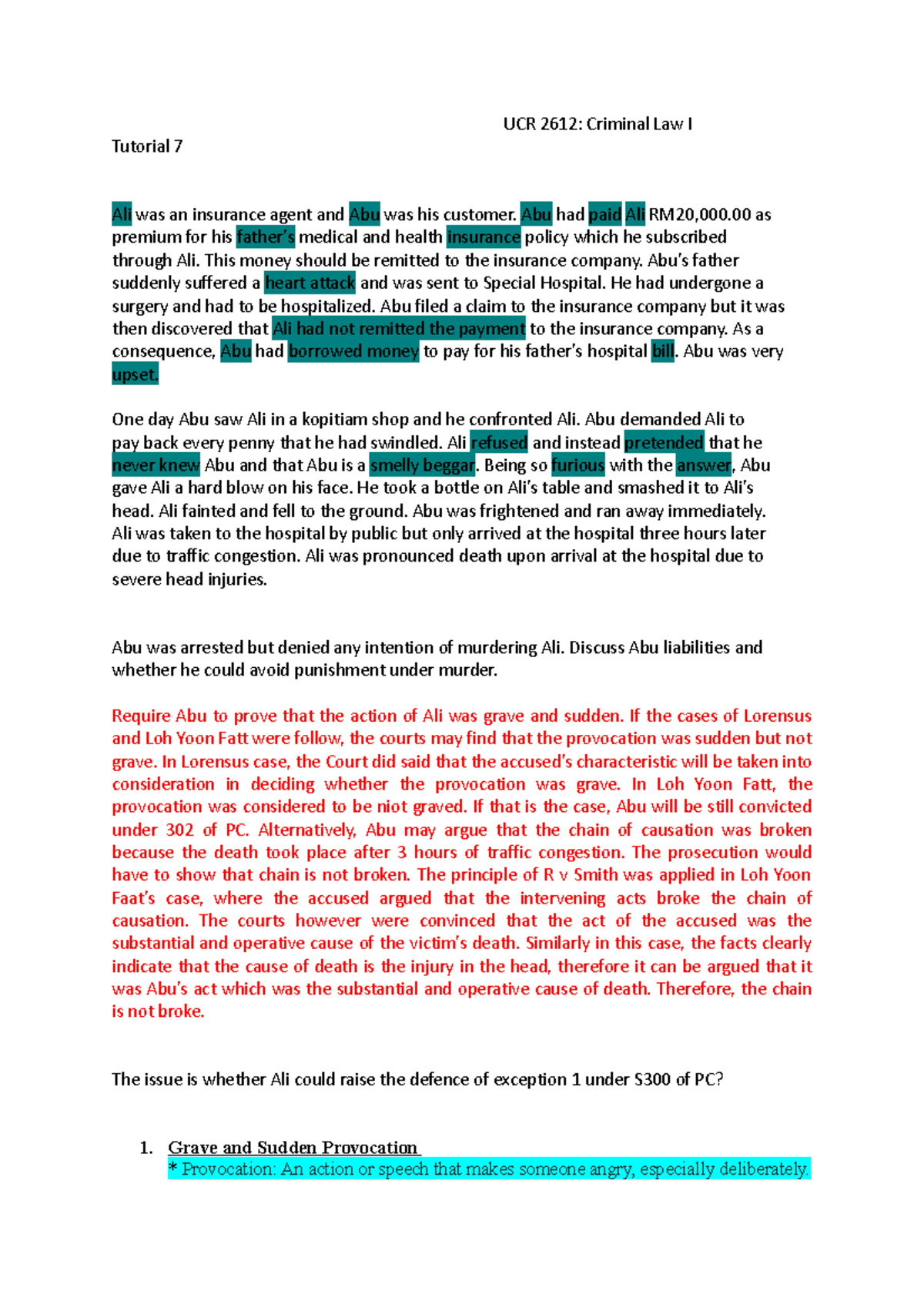 Criminal Tut 7(exeption of s300) - UCR 2612: Criminal Law I Tutorial 7 ...