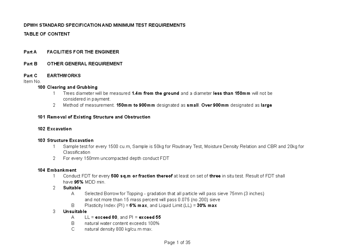 Summary of DPWH Bluebook - TABLE OF CONTENT Part A FACILITIES FOR THE ... Summary of DPWH Bluebook - TABLE OF CONTENT Part A FACILITIES FOR THE ...
