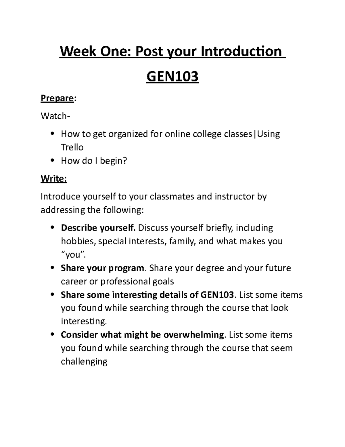 Post Your Introduction - Week One: Post your Introduction GEN Prepare ...
