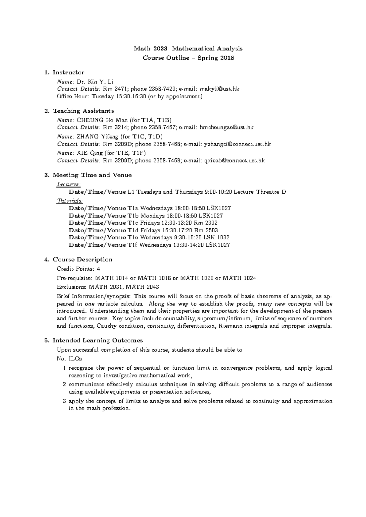 MATH 2033 course outline Spring 2018 2018 0126 - Math 2033 Mathematical Analysis Course Outline ...