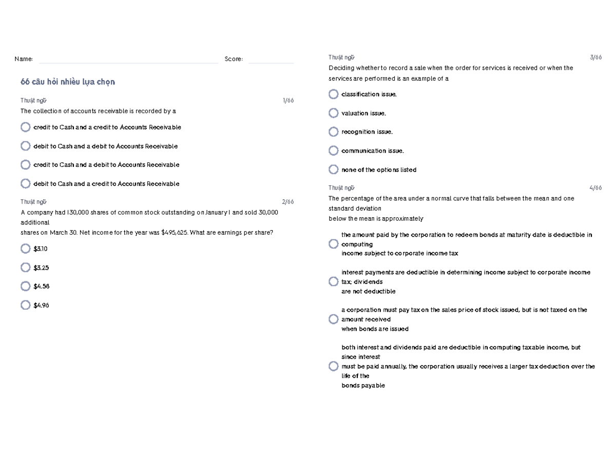 Kiểm tra Entry Exam Quizlet - Name: Score: 66 câu hỏi nhiều lựa chọn ...