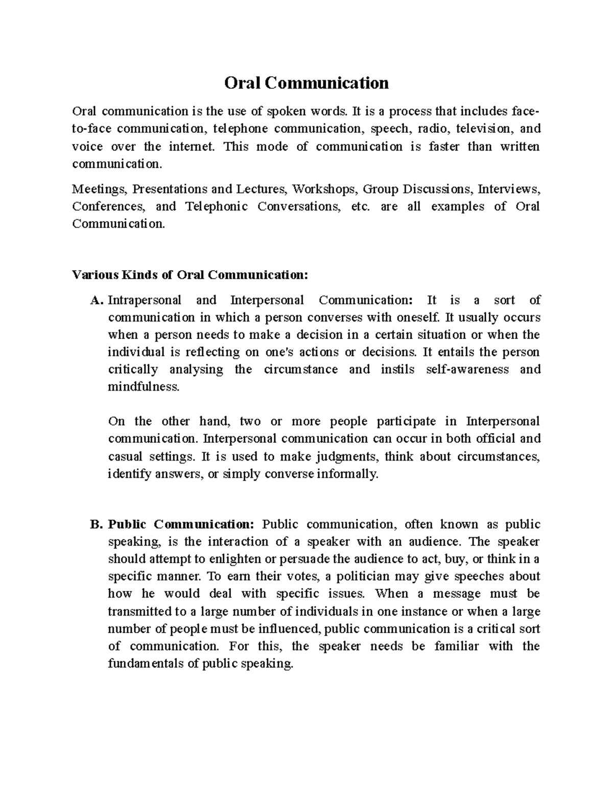 Oral Communication Lecture Notes 1 Oral Communication Oral